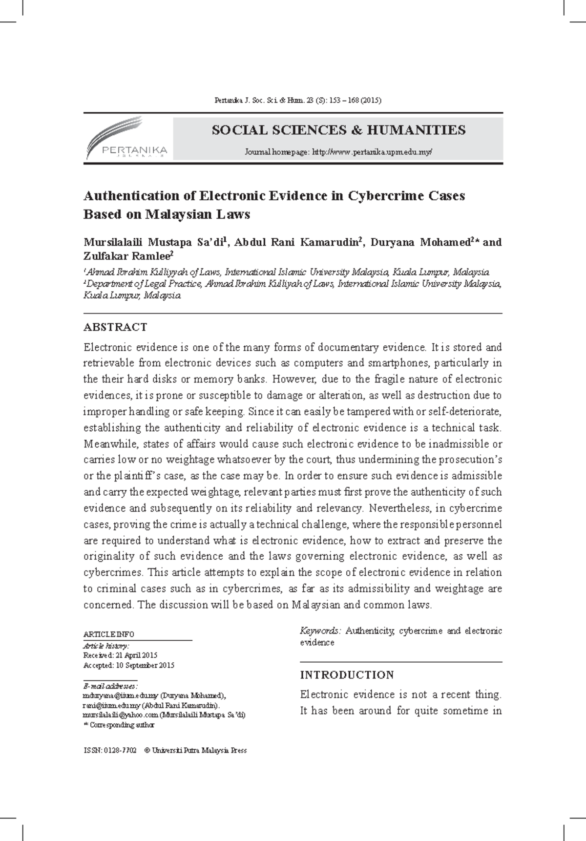 Authentication of Electronic Evidence in Cybercrime Cases: Malaysia's ...