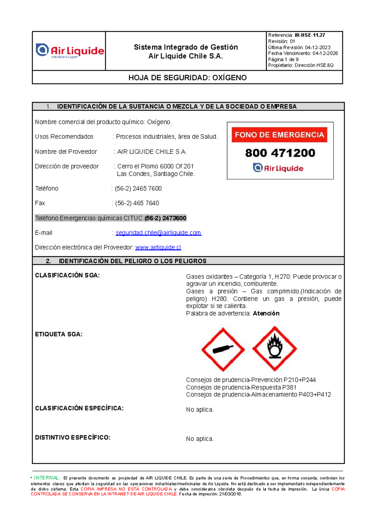 Hoja de Seguridad: Oxígeno - Air Liquide Chile S.A. HDS 01 - Studocu