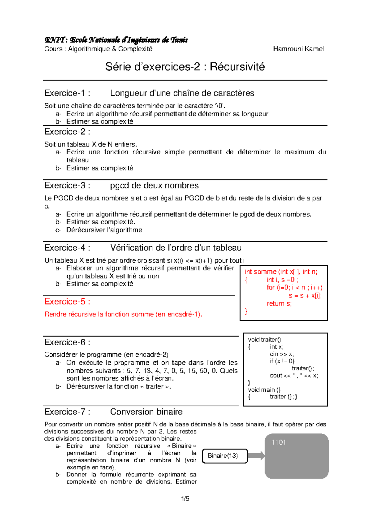 TD2 : Récursivité en Algorithmique - Complexité Hamrouni Kamel - Studocu