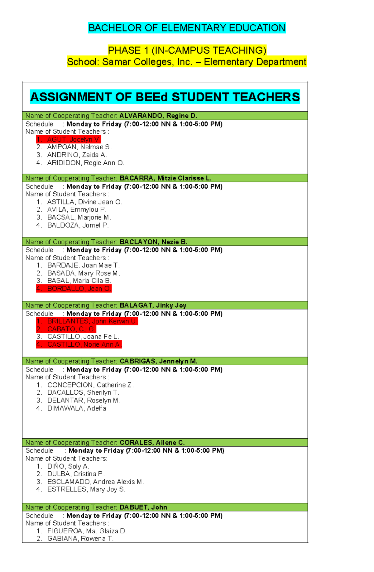 BEd & BSEd Phase 1 Student-Teachers Assignment at Samar Colleges - Studocu