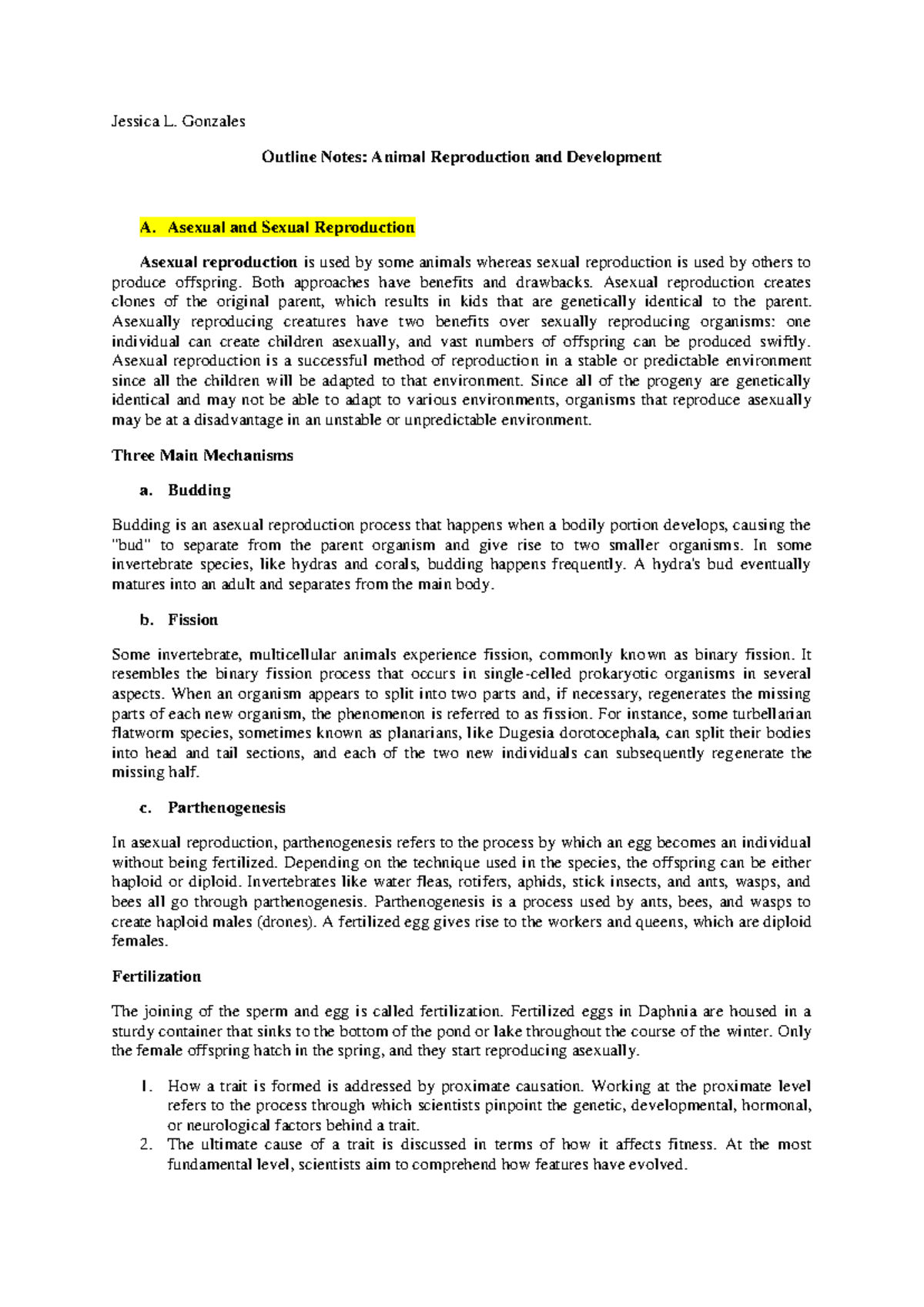 Outline notes- Animal Reproduction and Development - Jessica L ...
