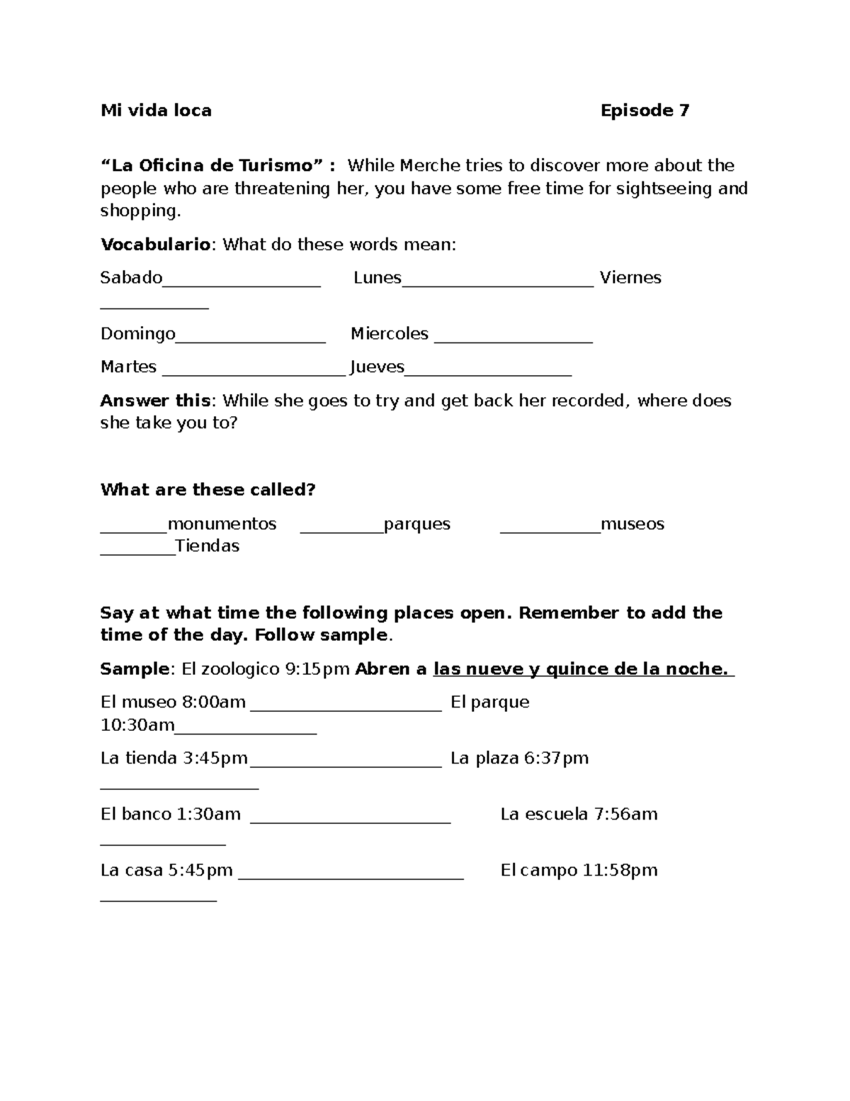 Mi vida loca Episode 7: Vocabulario y Actividades de Trabajo - Studocu