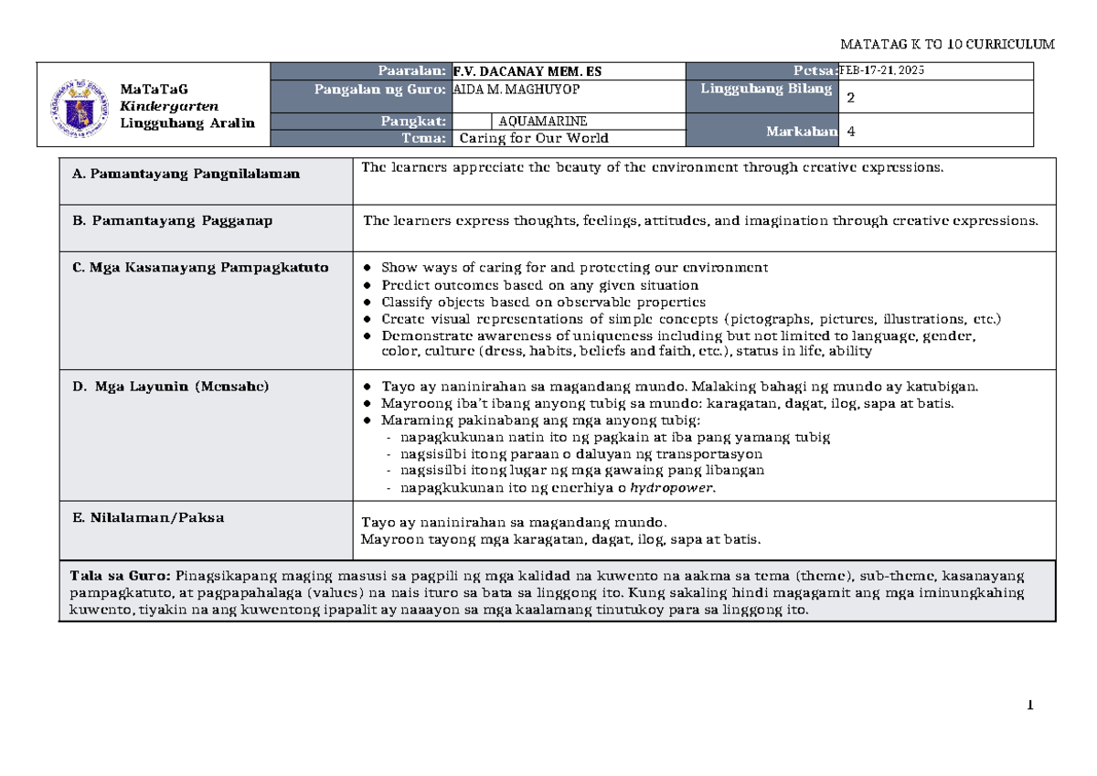 MATATAG K TO 10 CURRICULUM DLL Kindergarten Q4 W2: Caring for Our World - Studocu