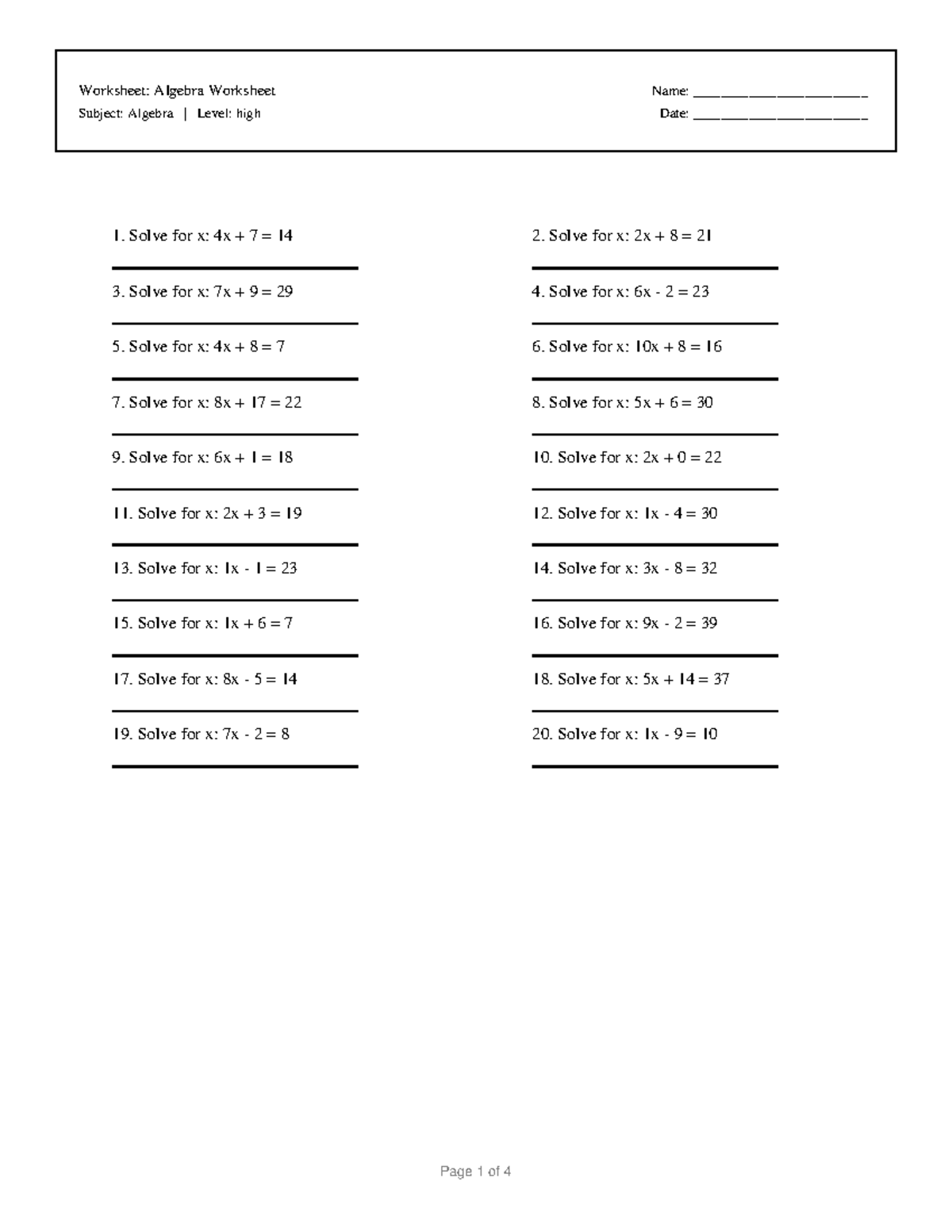 Algebra Worksheet (Level: High) - Practice Problems & Answers - Studocu