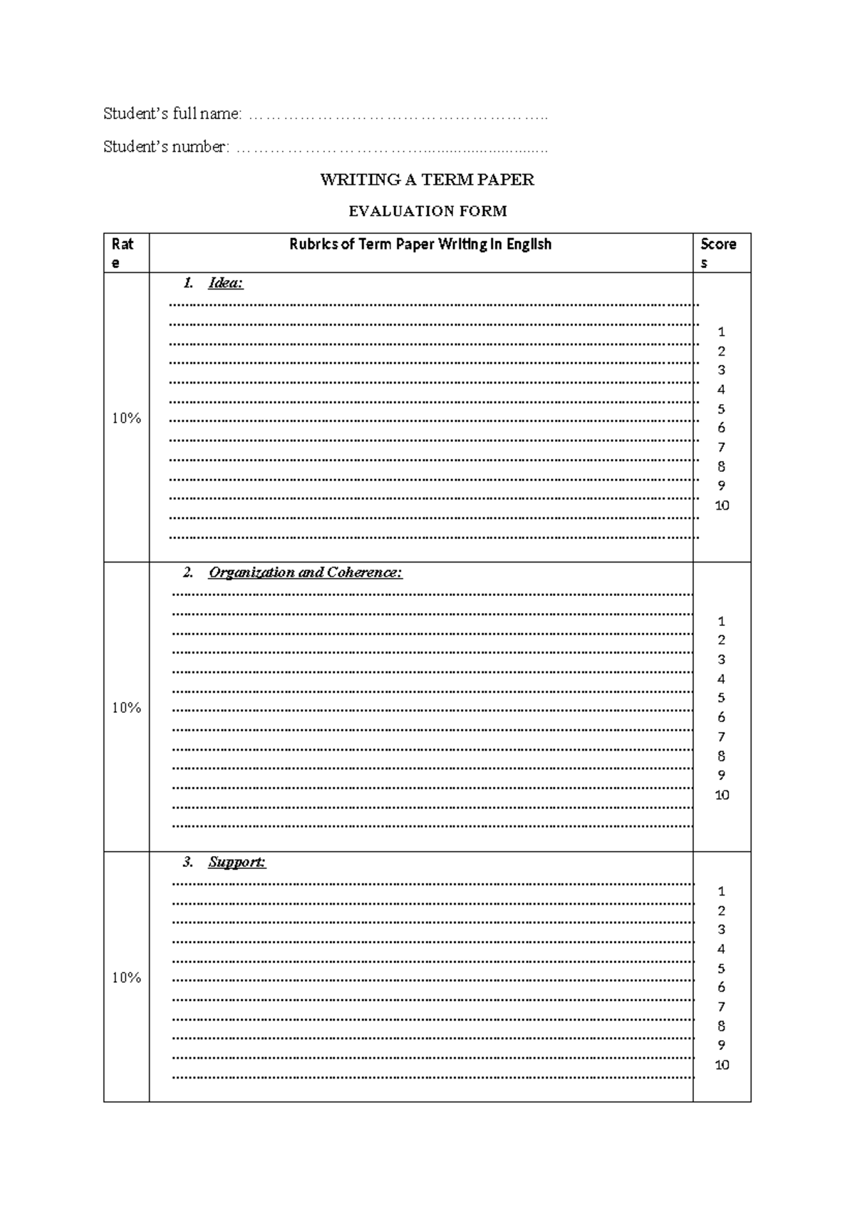 Term Paper Evaluation Form - Assessment Criteria and Rubrics - Studocu