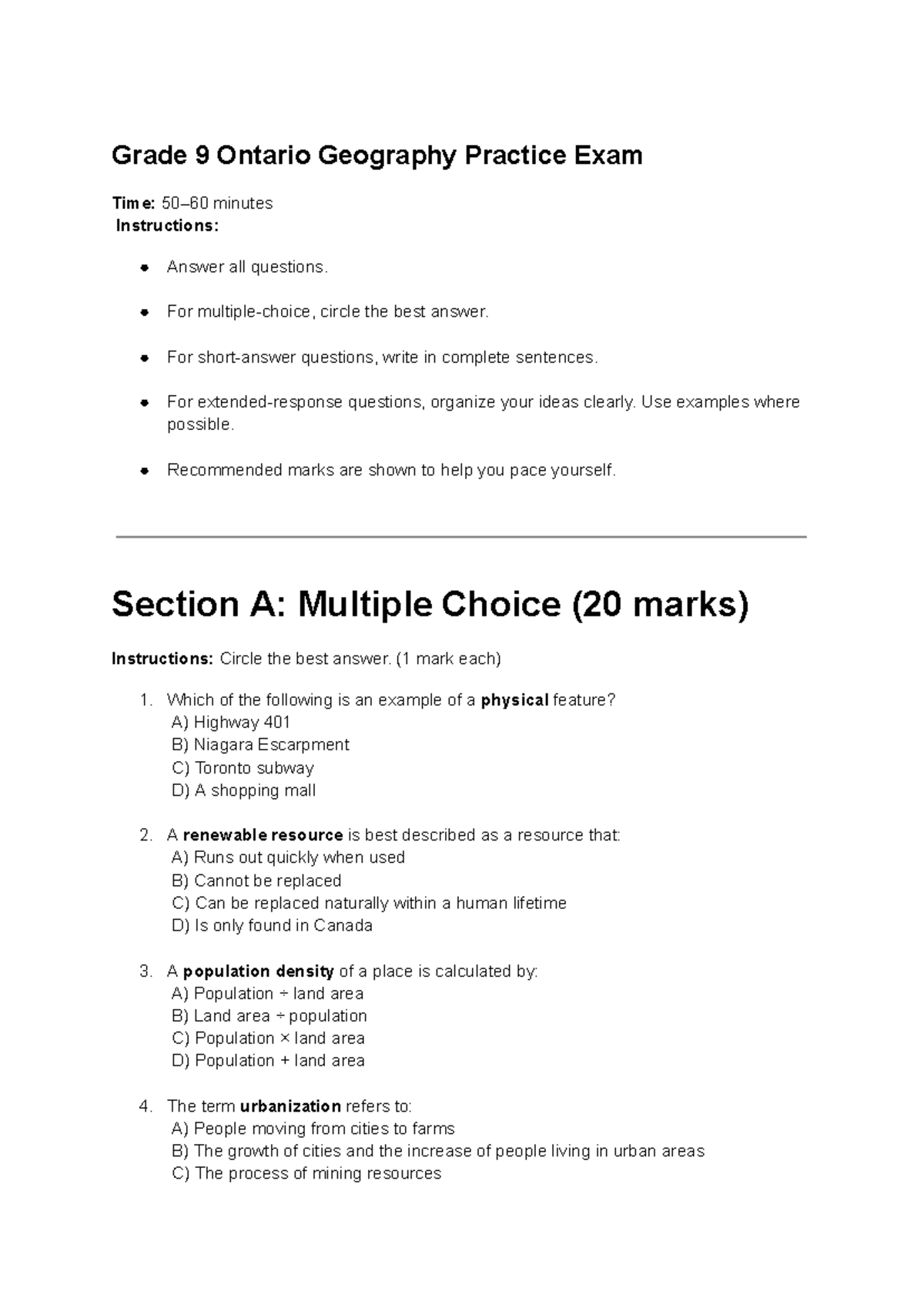 Grade 9 Ontario Geography Practice Exam: Comprehensive Review - Studocu