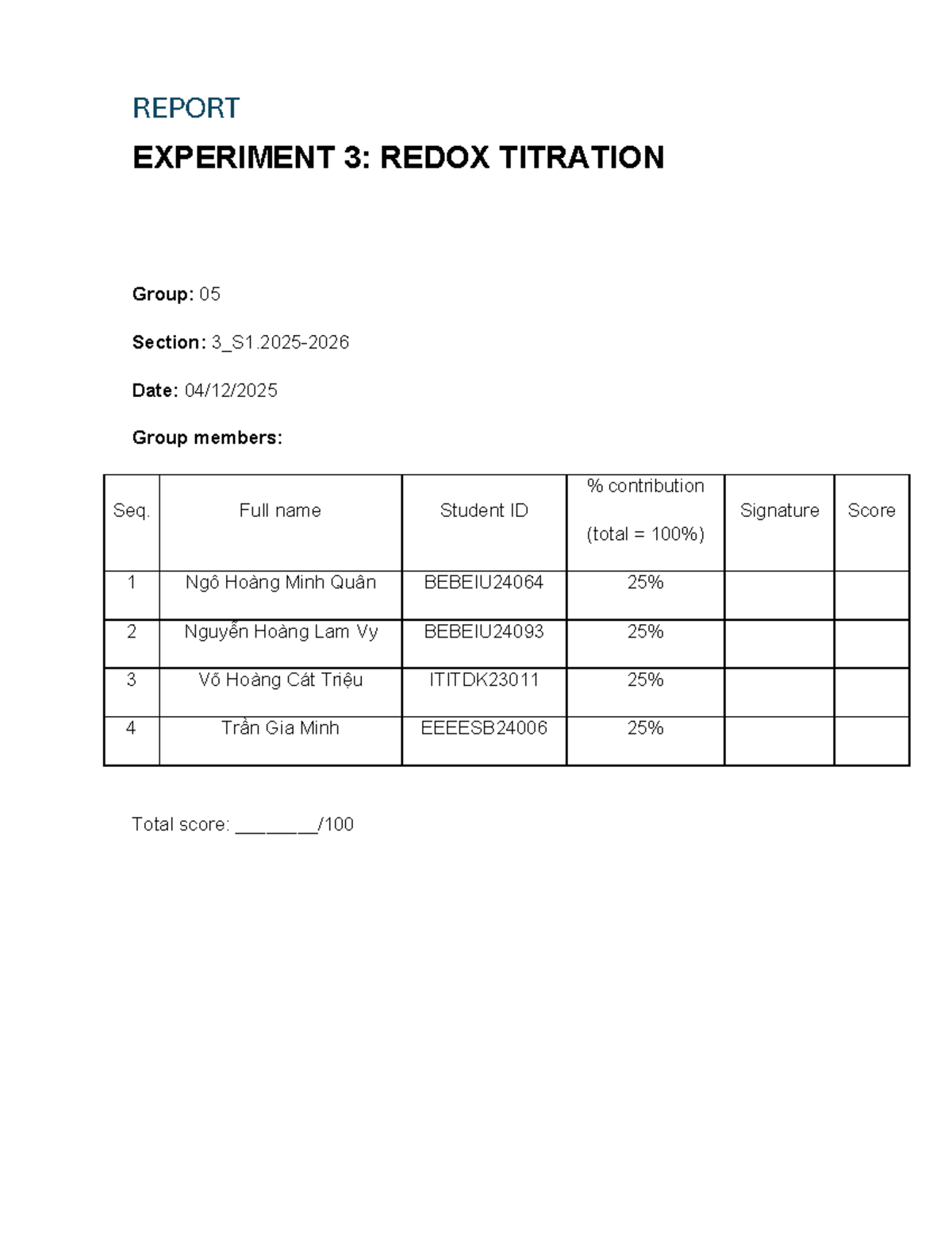 Chemlab BEBEIU24064: Report on Redox Titration Experiment 3 - Studocu