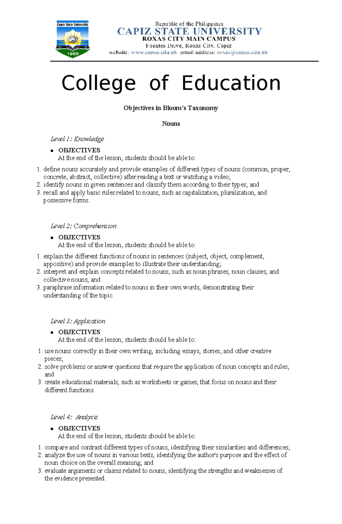 Assessment - Objectives - College of Education Objectives in Bloom’s ...