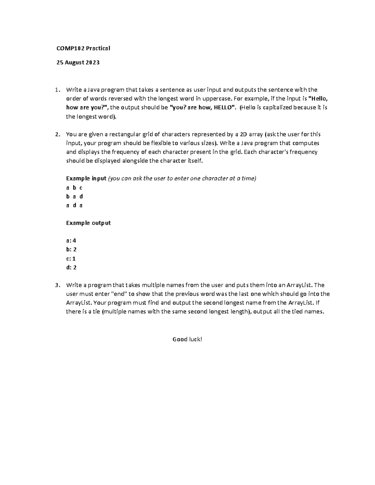COMP102 Practical: Java Programs for Word Reversal & Frequency Analysis - Studocu
