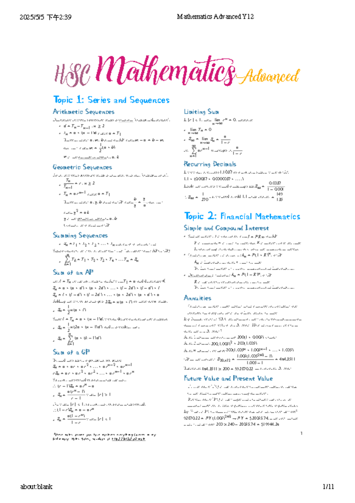 Mathematics Advanced Y12 Final Exam Notes: Topics on Sequences ...