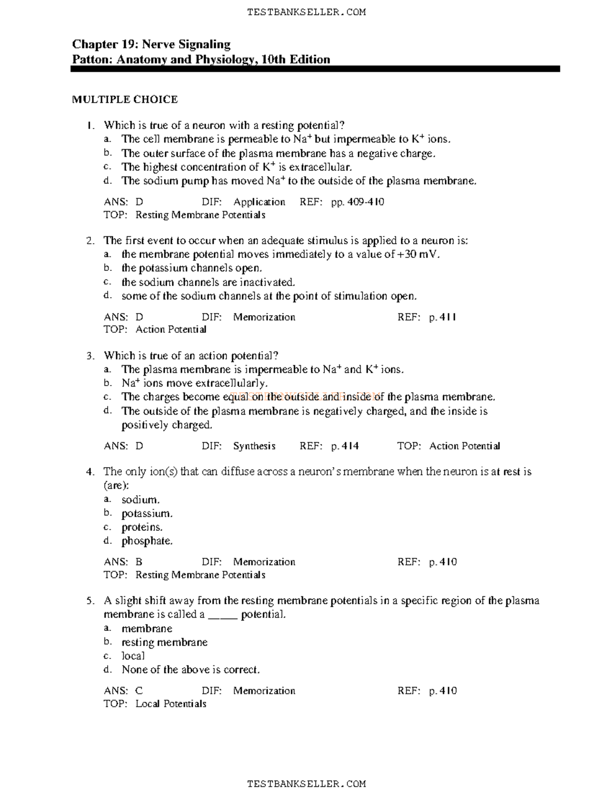 19 - Just study - TESTBANKSELLER Chapter 19: Nerve Signaling Patton ...