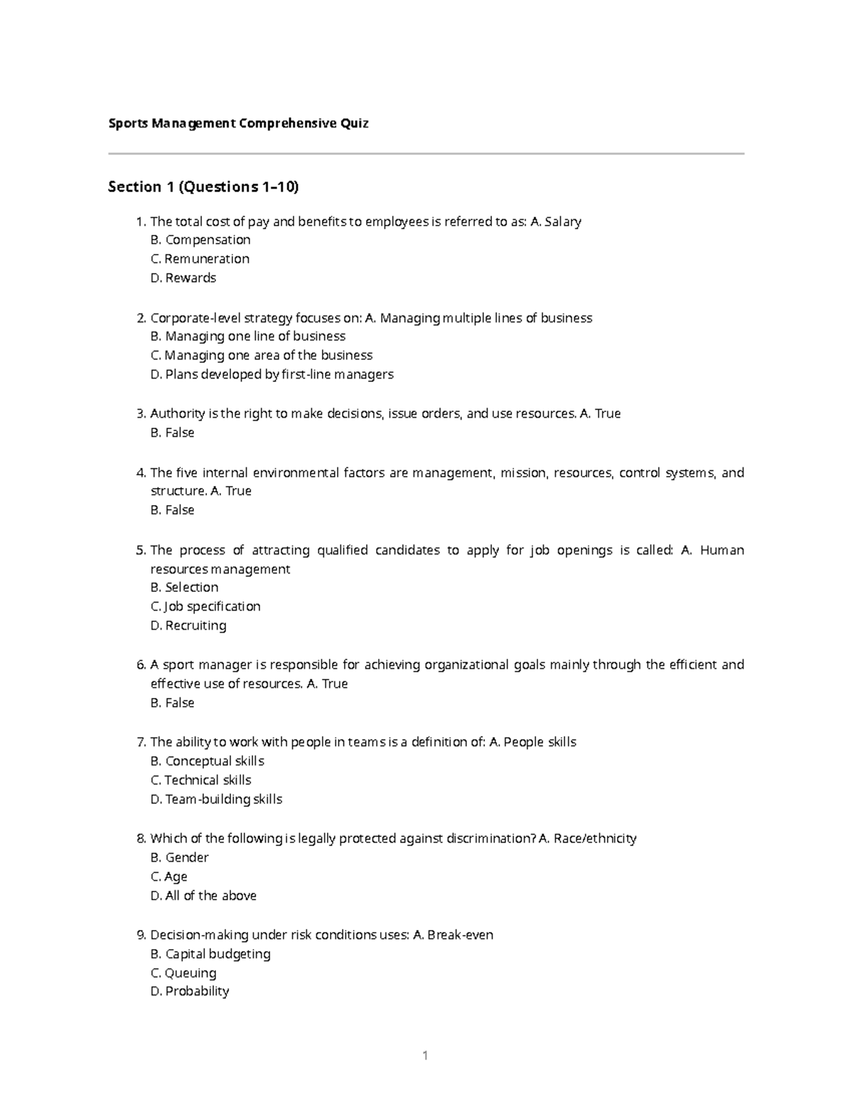 Sports Management Comprehensive Quiz (SM 101) - Q&A Sections 1-5 - Studocu