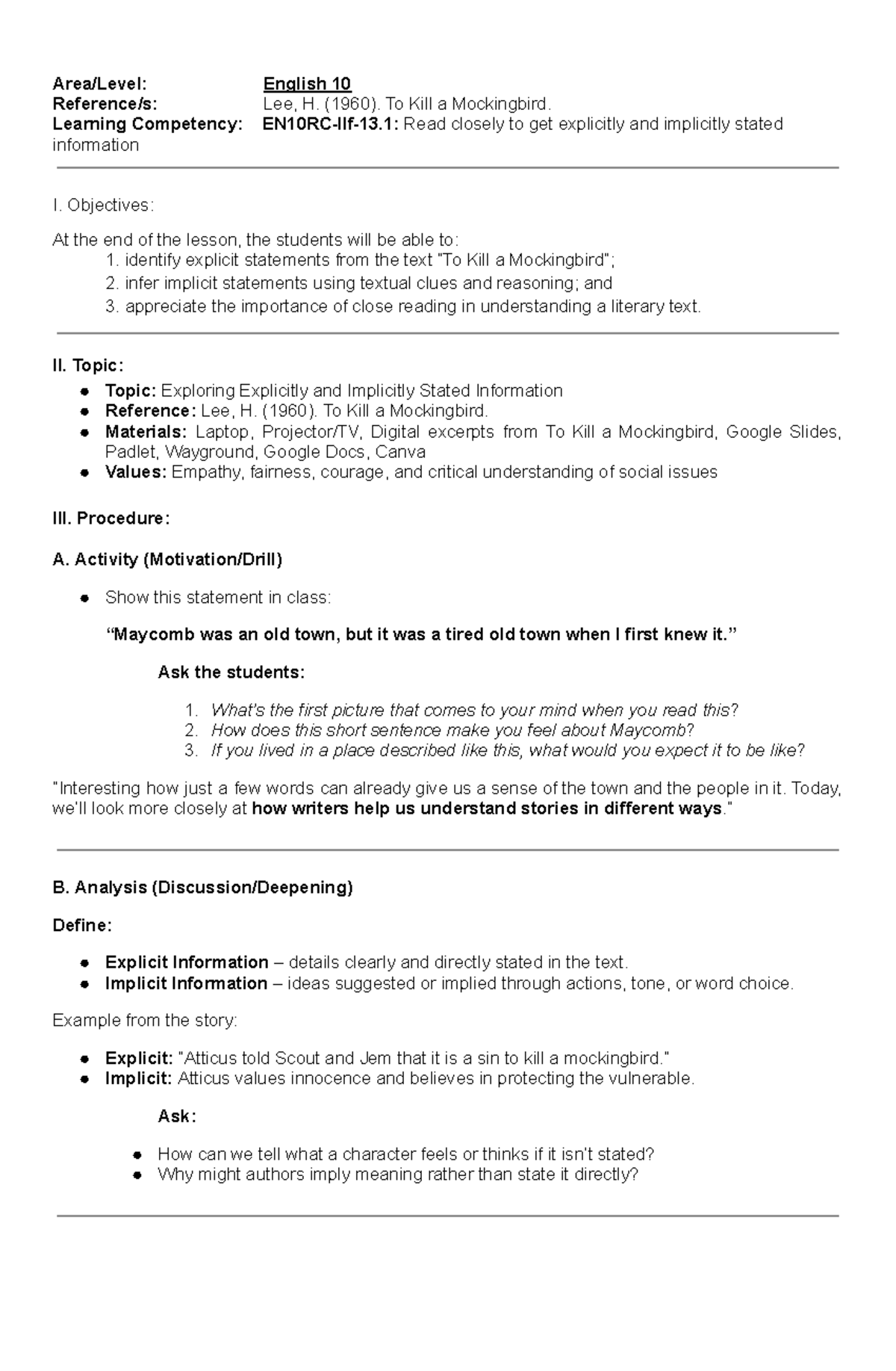 Explicit and Implicit Information in Literature - EL114 Lesson Plan ...