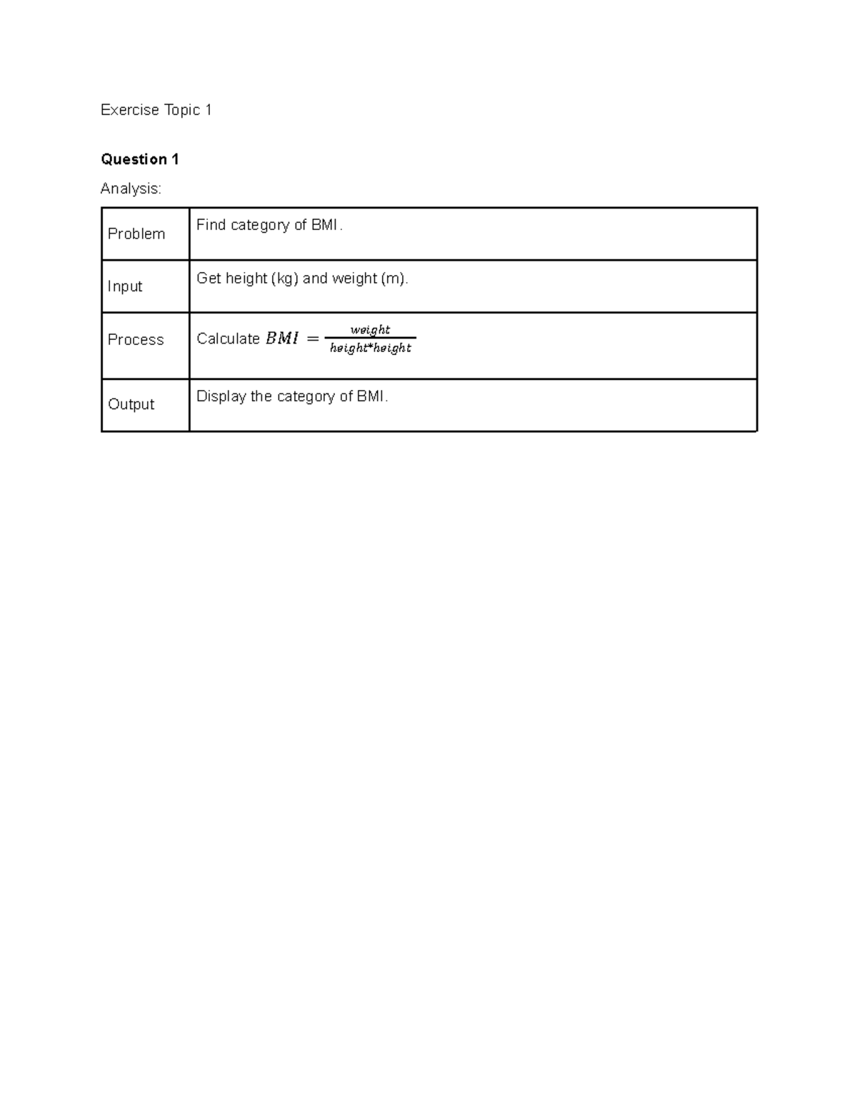 Exercise topic 1 - Exercise Topic 1 Question 1 Analysis: Problem Find ...