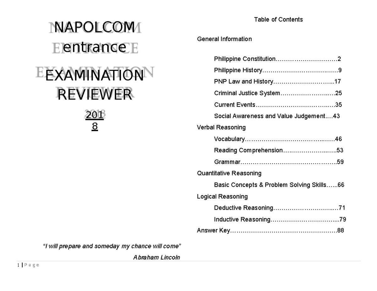 NAPOLCOM Entrance Exam Reviewer 1111: Complete Study Guide - Studocu