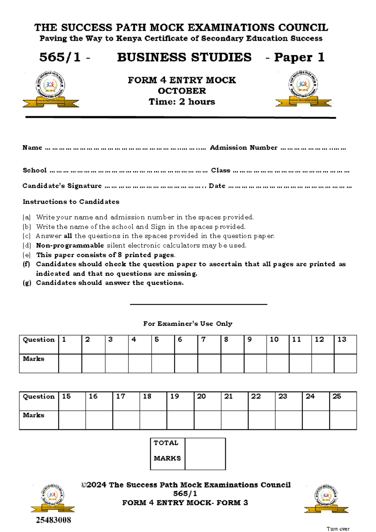 BUSINESS FORM 4 PP1 QUESTION SHEET & INSTRUCTIONS - Studocu
