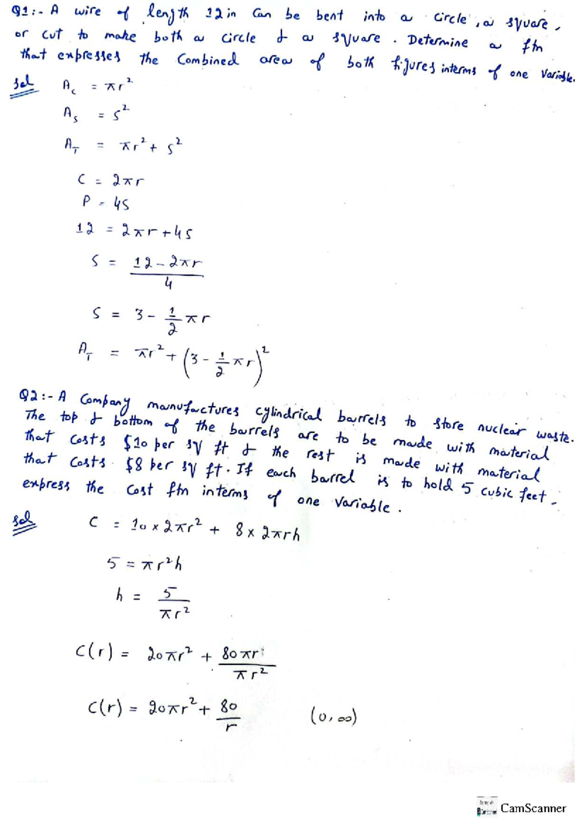 F24Quiz1 - Fall 24 Calculus: Area Functions & Cost Analysis - Studocu