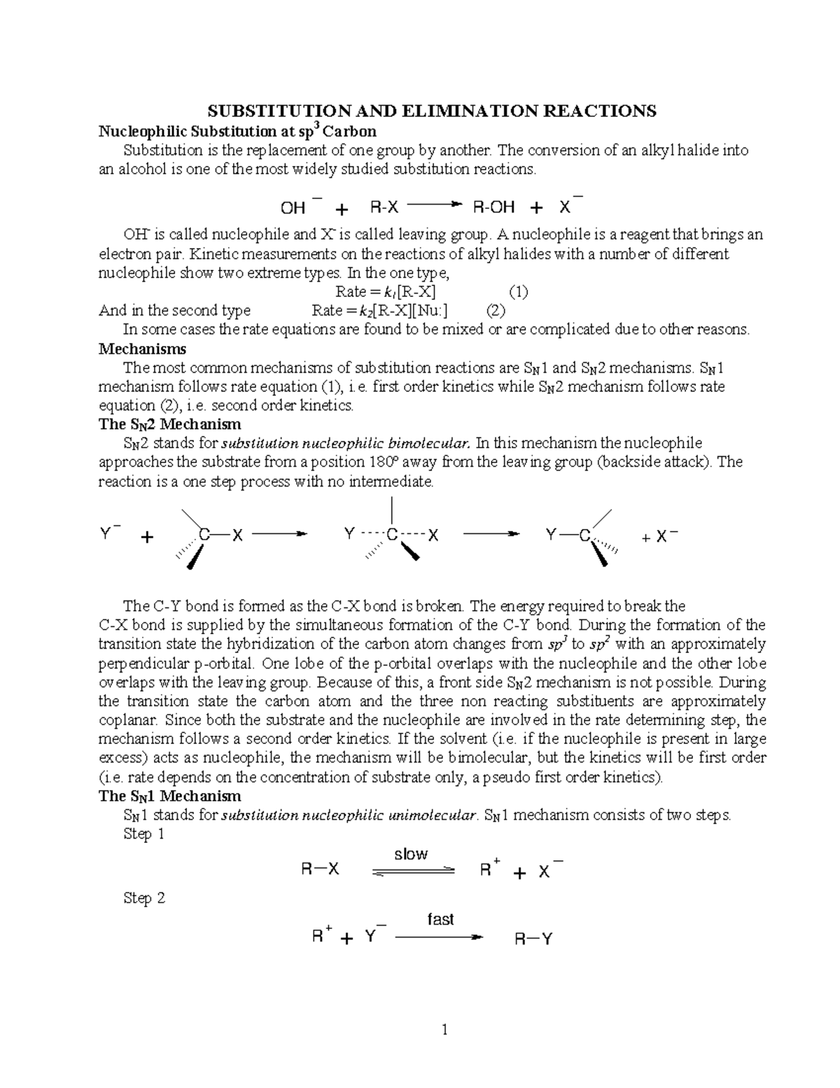SN1 and E1 Mechanisms: Detailed Notes on Elimination Reactions - Studocu