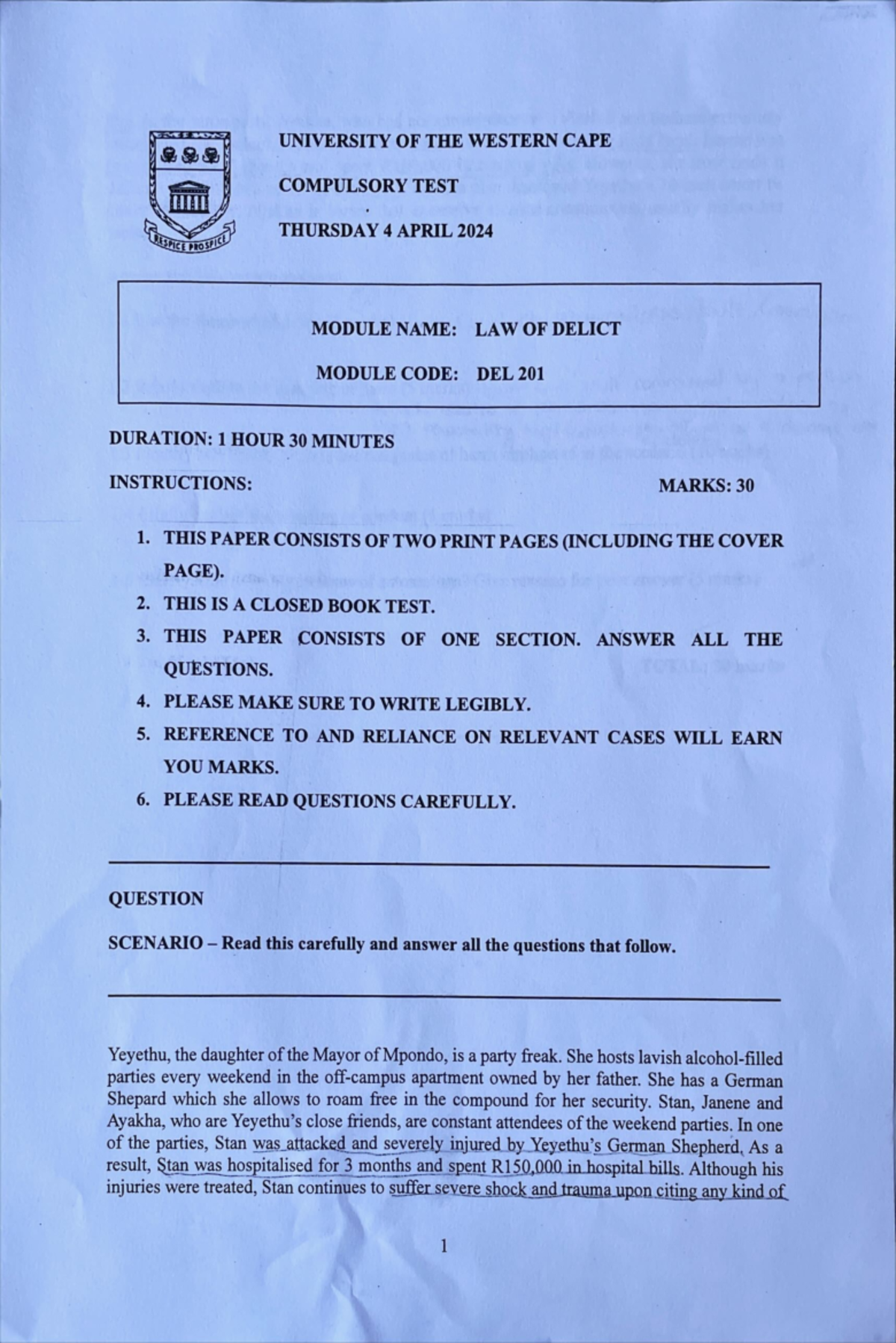 Delict Compulsory Test 2024 - UNIVERSITY OF THE WESTERN CAPE COMPULSORY ...