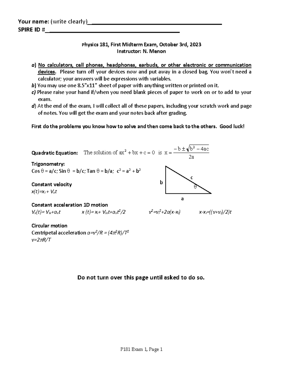 Physics 181: First Midterm Exam Guidelines & Questions (Fall 2023 ...