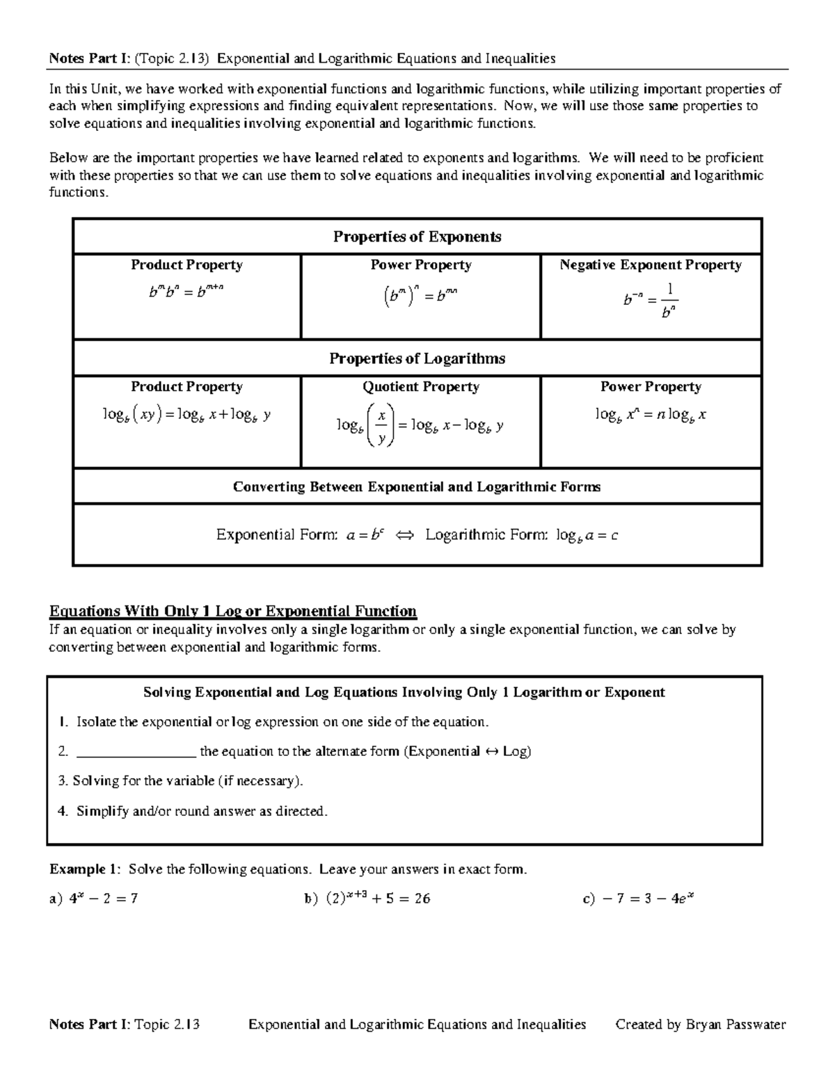 Notes on Exponential & Logarithmic Equations (Math 101) - Studocu