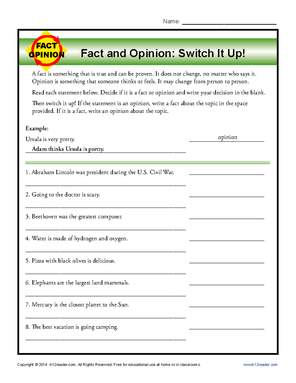 FACT OPINION: Switch It Up! Activity for Understanding Facts & Opinions ...