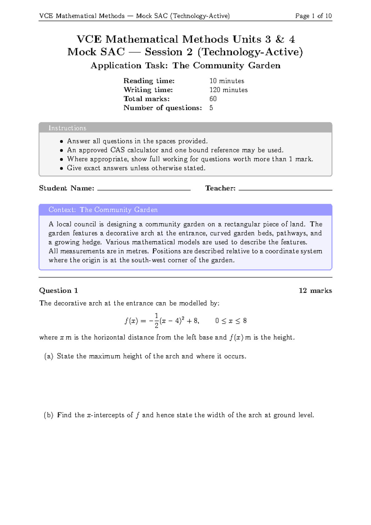 VCE Mathematical Methods Units 3 4 Mock SAC: Community Garden Task ...