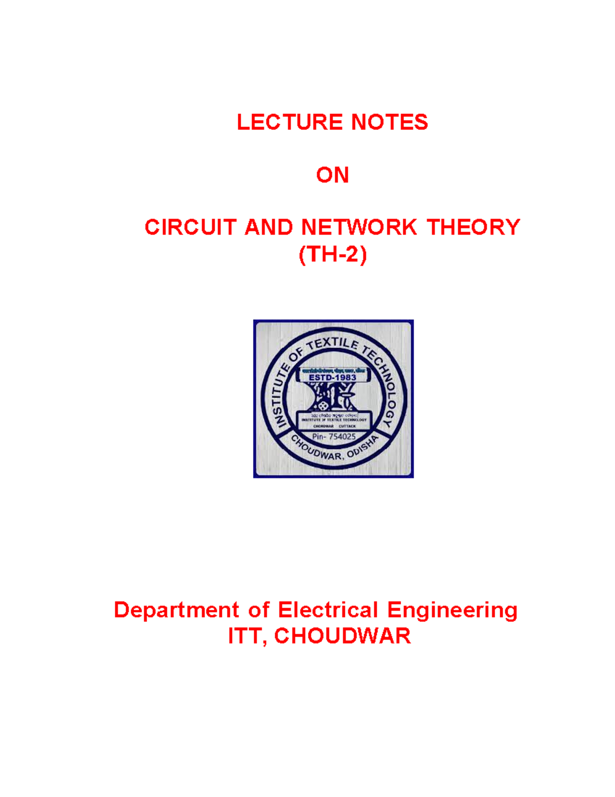 CNT NOTE ITT - Those are circuit theory notes - LECTURE NOTES ON ...
