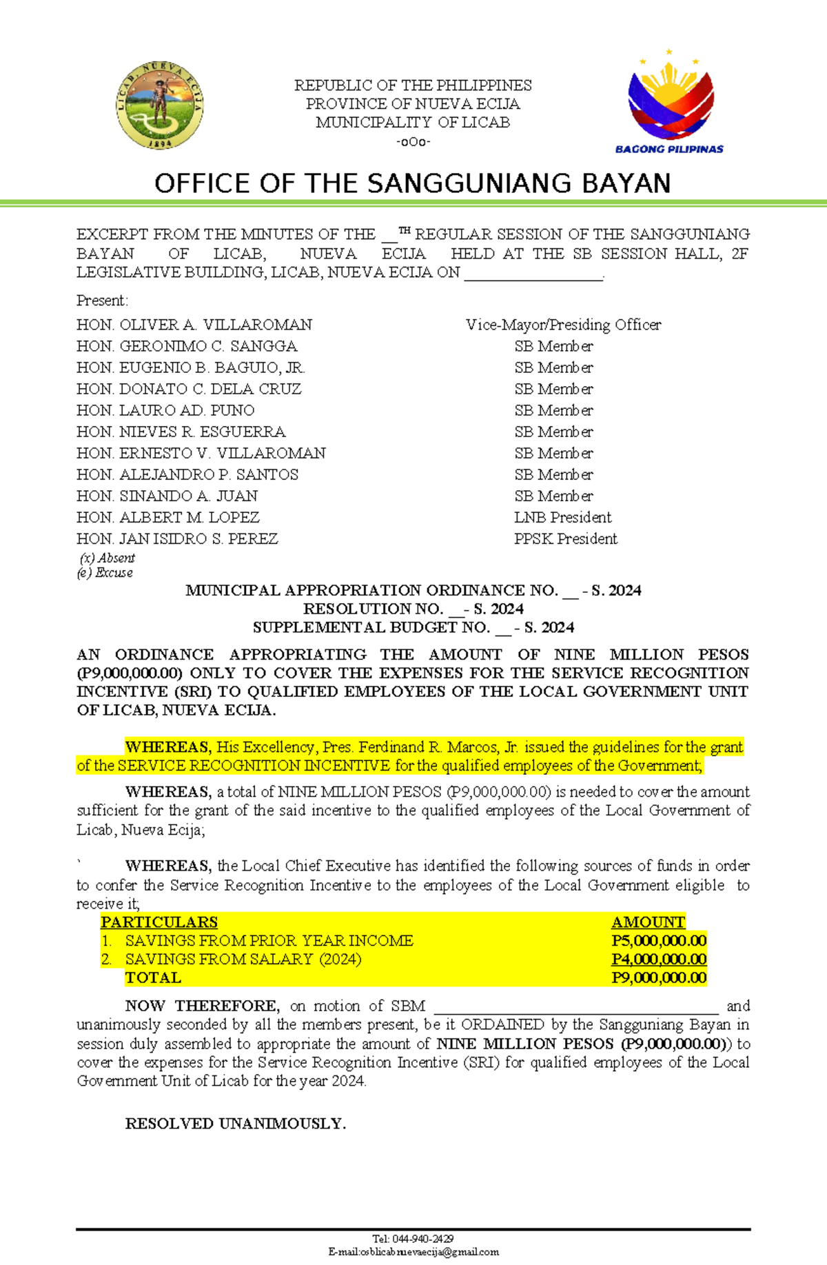Supplemental Budget No. __ - S.2024 for Service Recognition Incentive ...