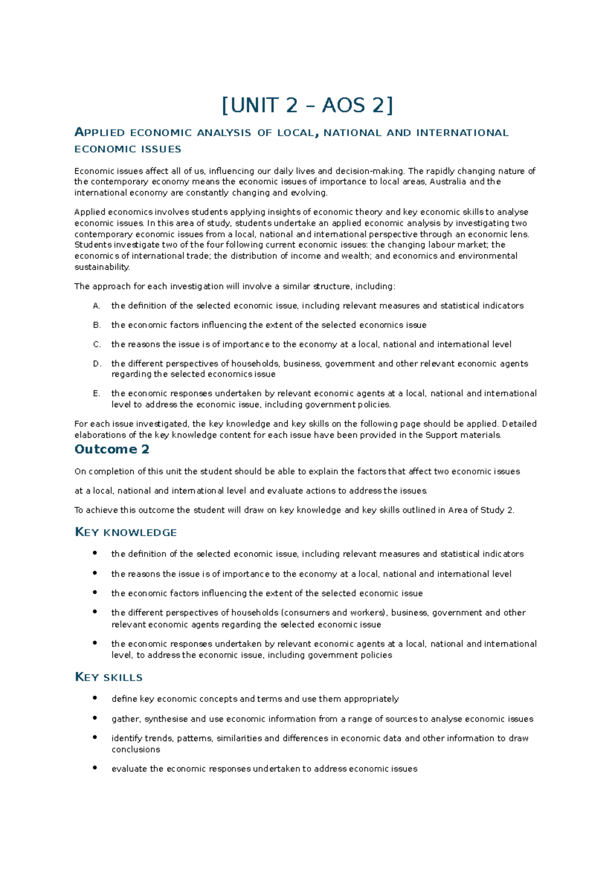 Unit 2 AOS 2 Economic Analysis: Local, National & Global Issues - Studocu