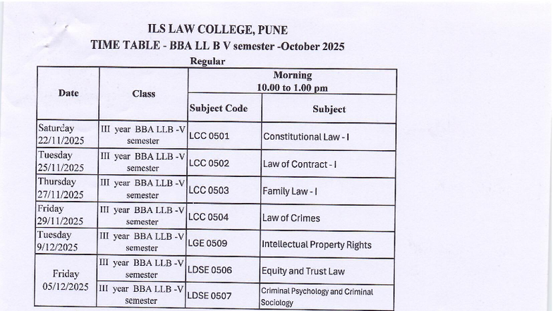 BBA LL.B Time Table for Oct-Nov 2025 - ILS Law College - Studocu
