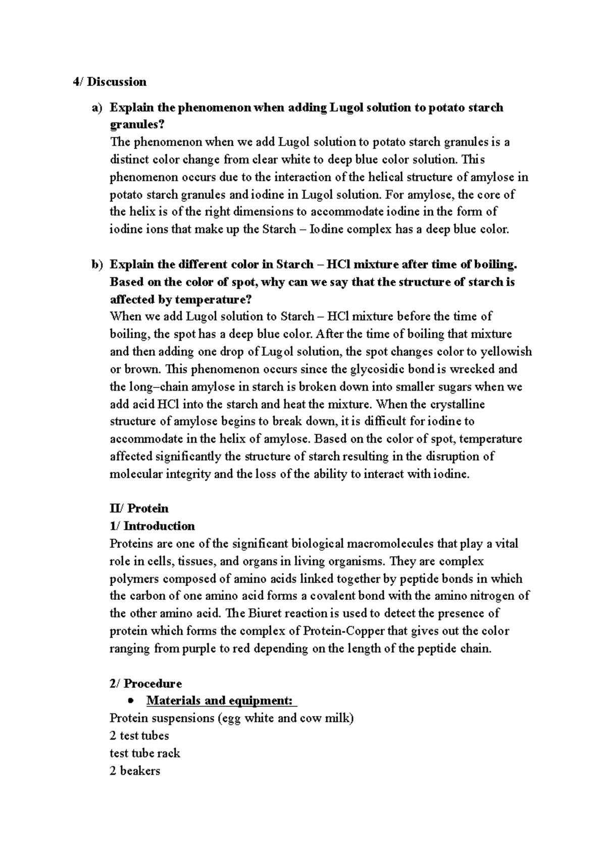Lab report 2: Color change in starch with Lugol and HCl treatment - Studocu