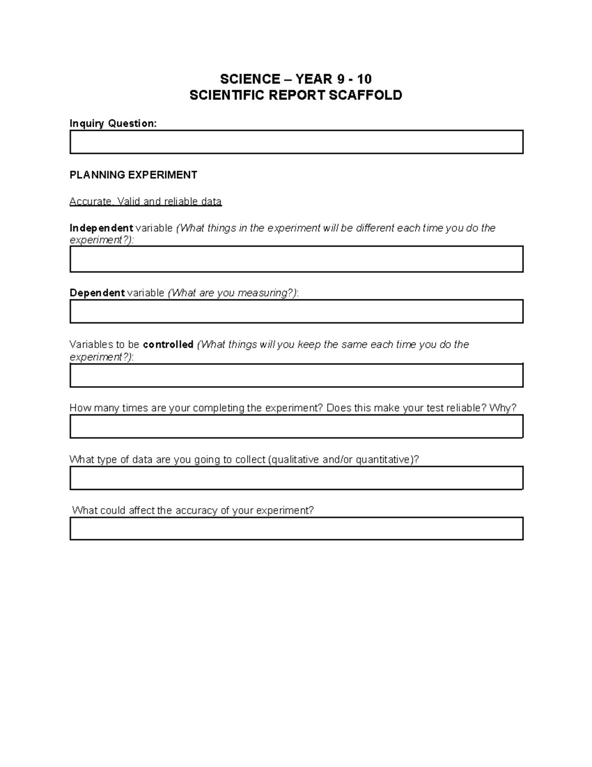 Year 9-10 Science Experimental Report Template Guide - Studocu