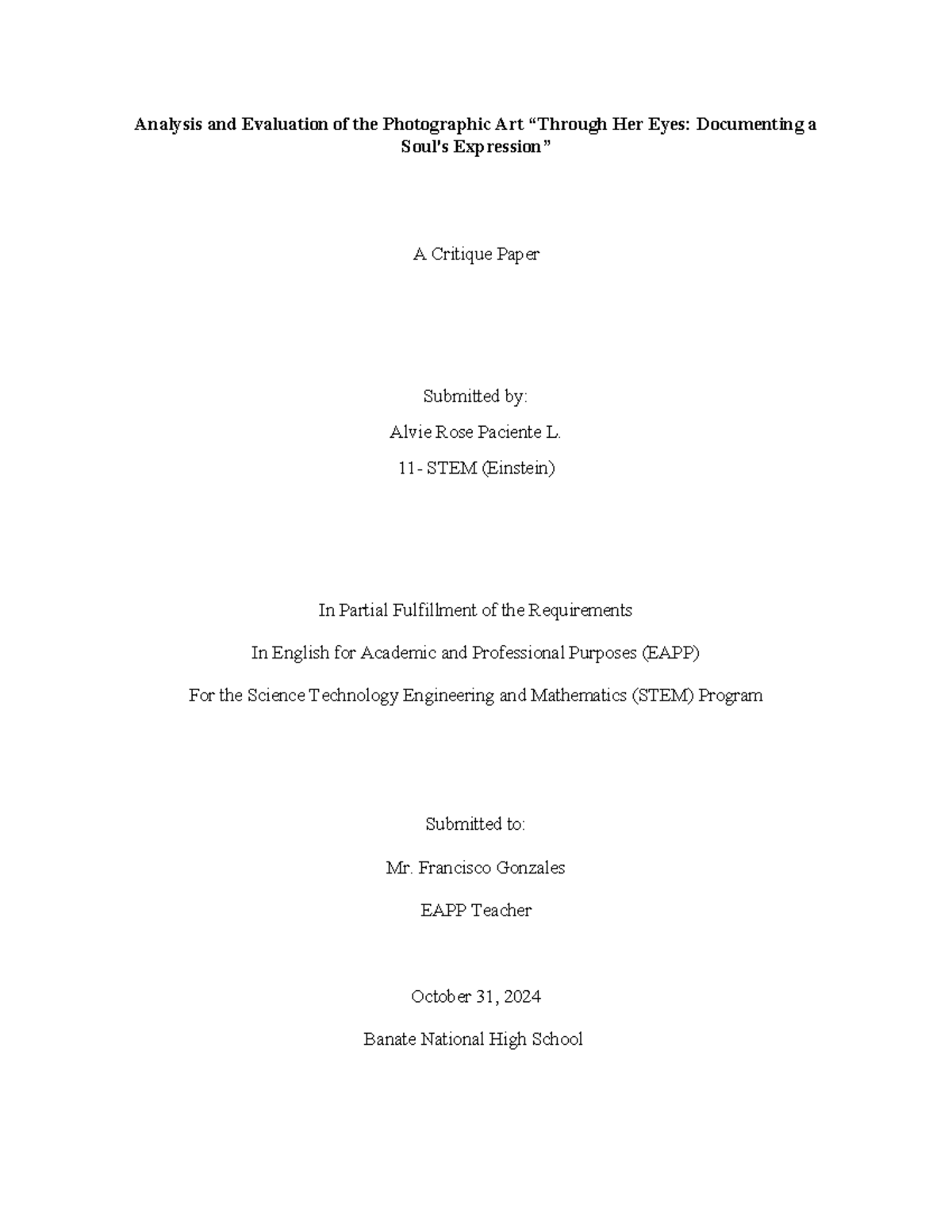 EAPP- Critique Paper Example - Analysis and Evaluation of the ...