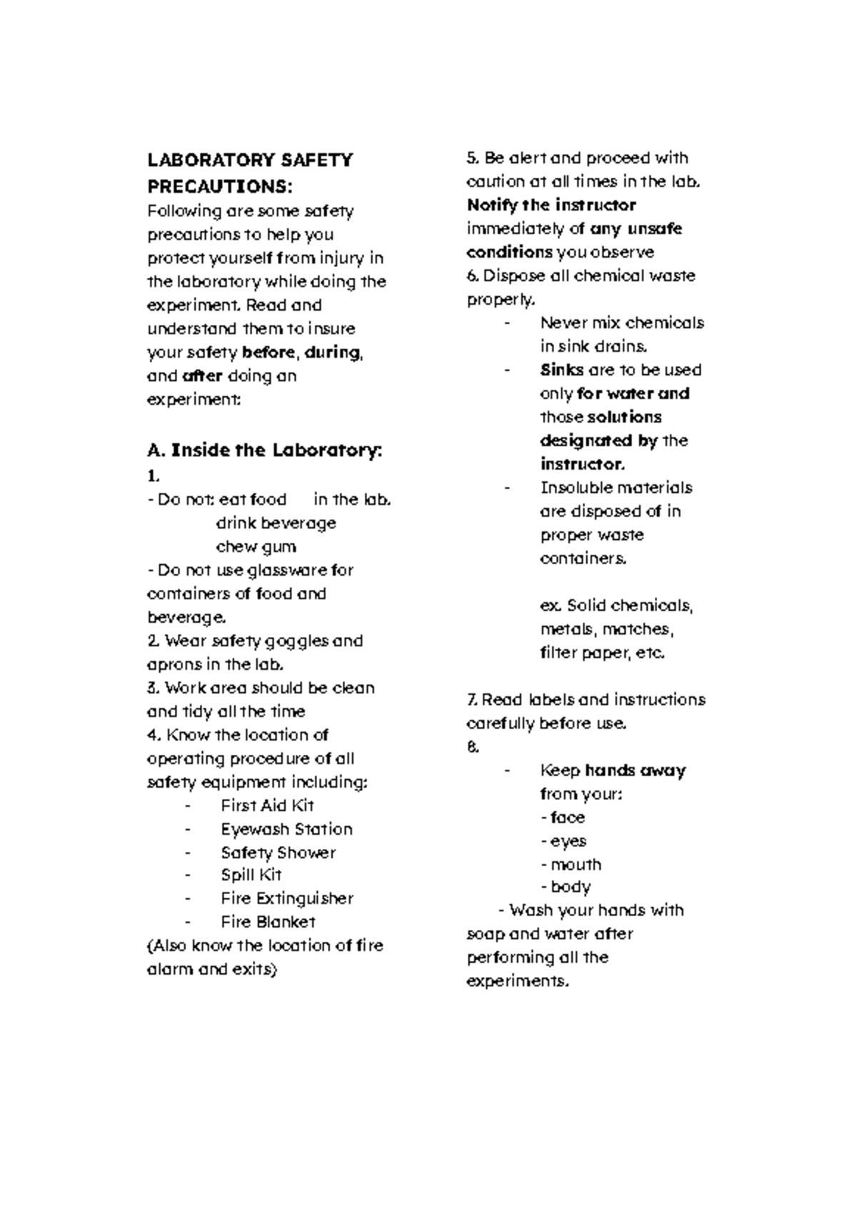 LAB 101: Essential Laboratory Safety Precautions and Guidelines - Studocu