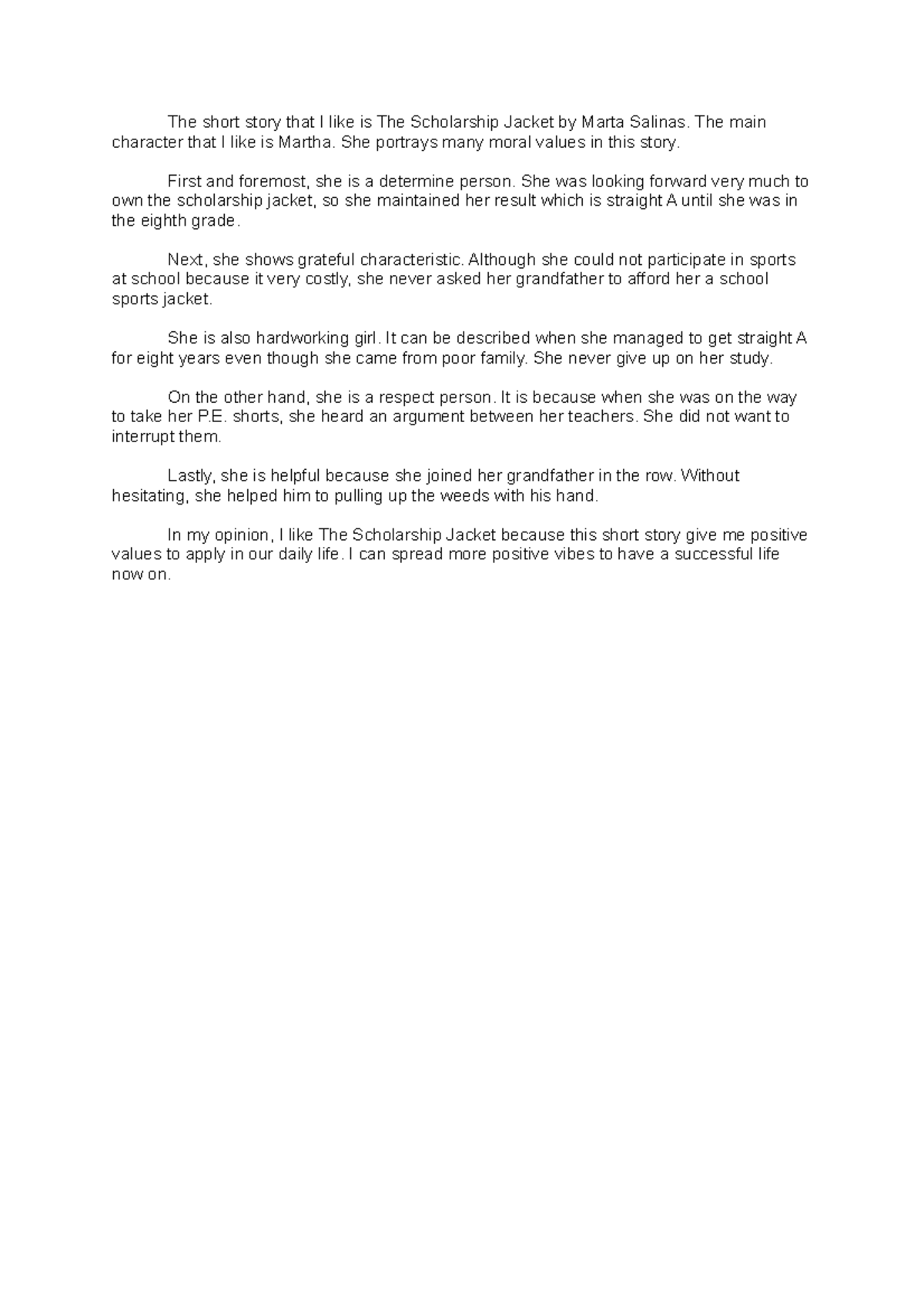 The Scholarship Jacket by Marta Salinas - The main character that I ...