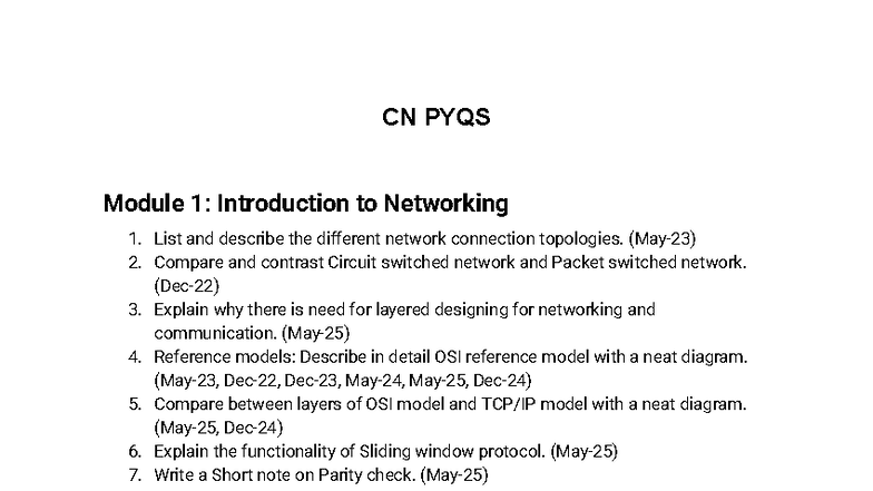 CN PYQS - Practice Questions for Networking Modules 1-5 - Studocu