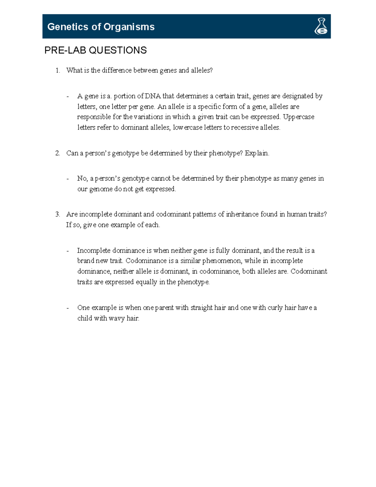 Genetics - Pre-Lab Qs for Monohybrid & Dihybrid Crosses - Studocu