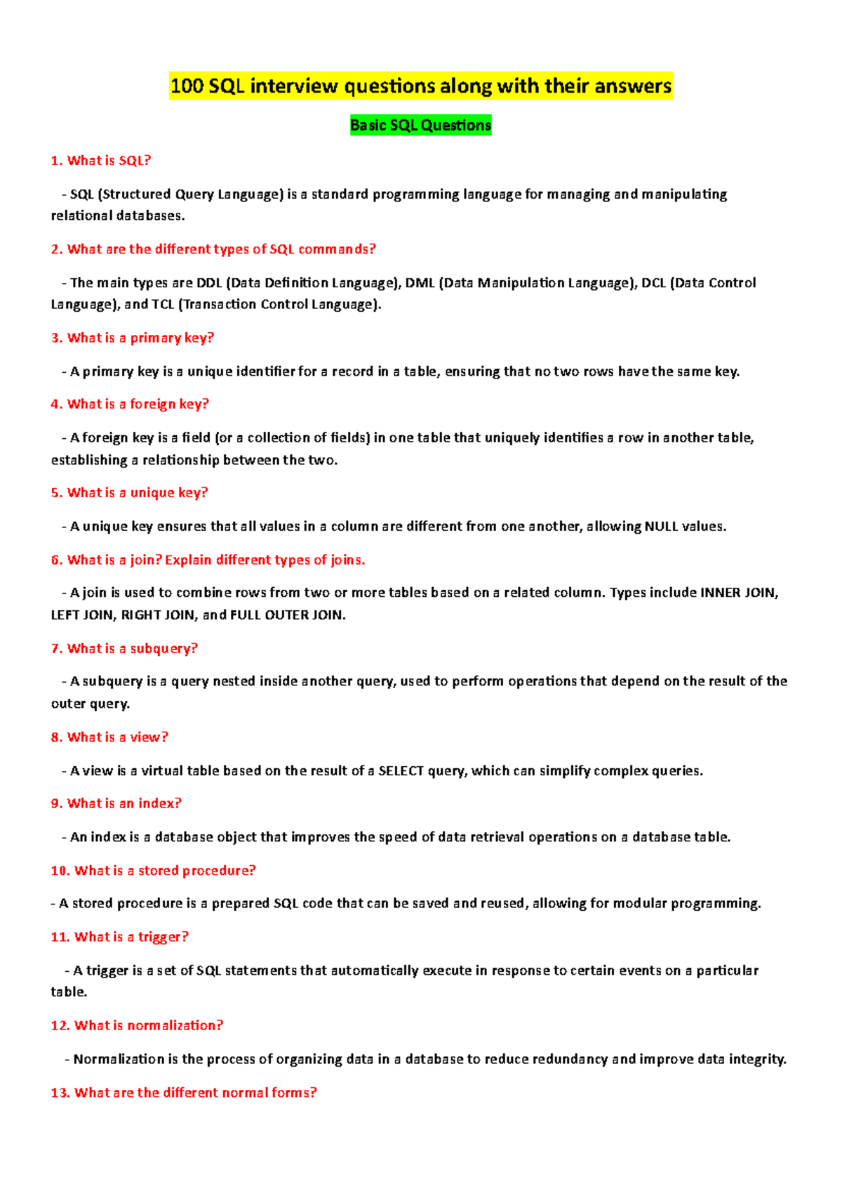 Sql-questions - Dbms - 100 SQL interview questions along with their answers Basic SQL Questions ...