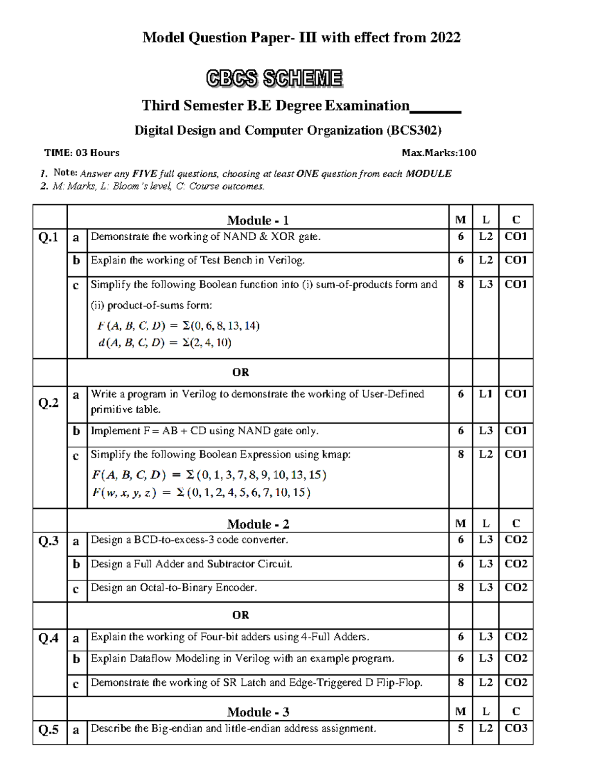 BCS302 Set3 - Model question paper - Model Question Paper- III with ...
