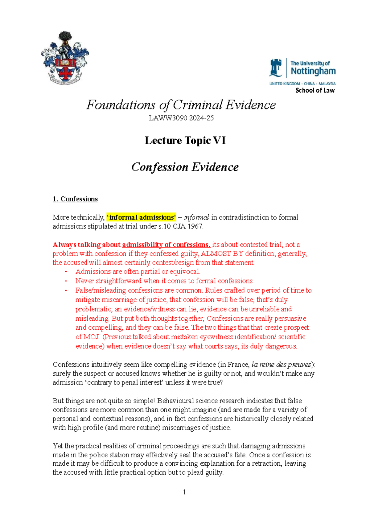 LAWW3090 2024-25: Lecture VI - Admissibility of Confessions in Criminal ...