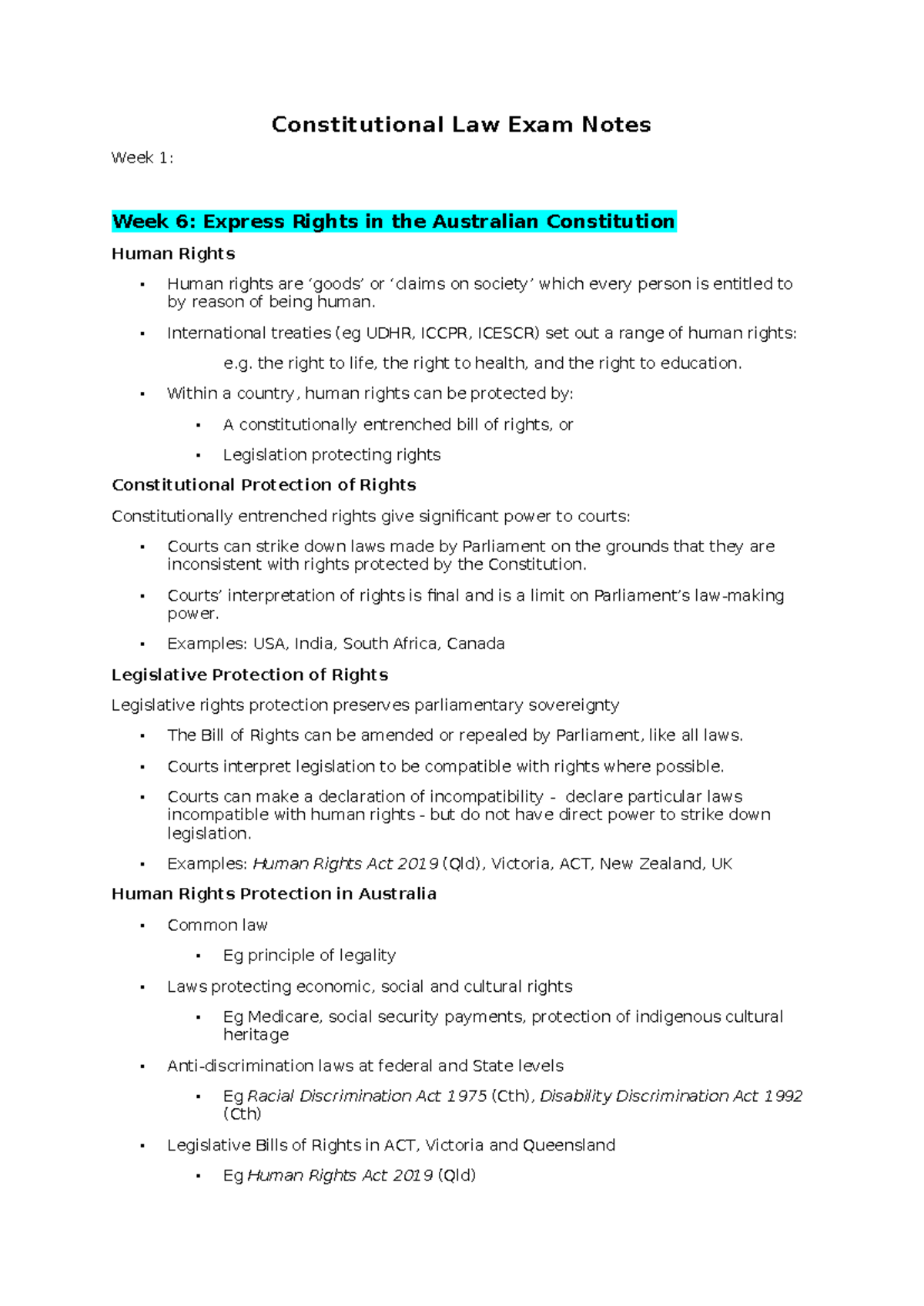 Constitutional Law Exam Notes (LAW101): Weeks 1-6 Overview of Express ...