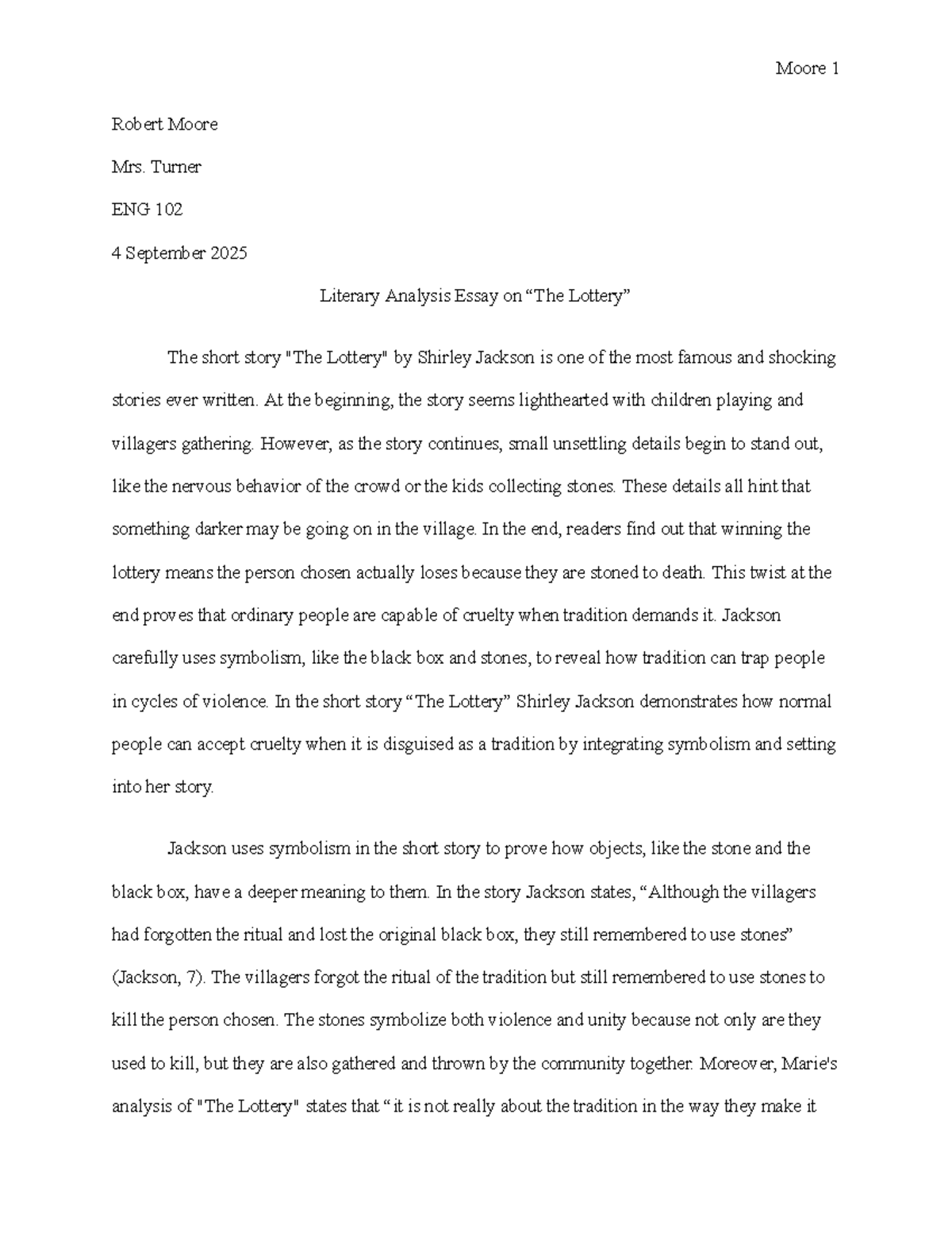 ENG 102 Final Essay: Literary Analysis of Shirley Jackson's "The ...