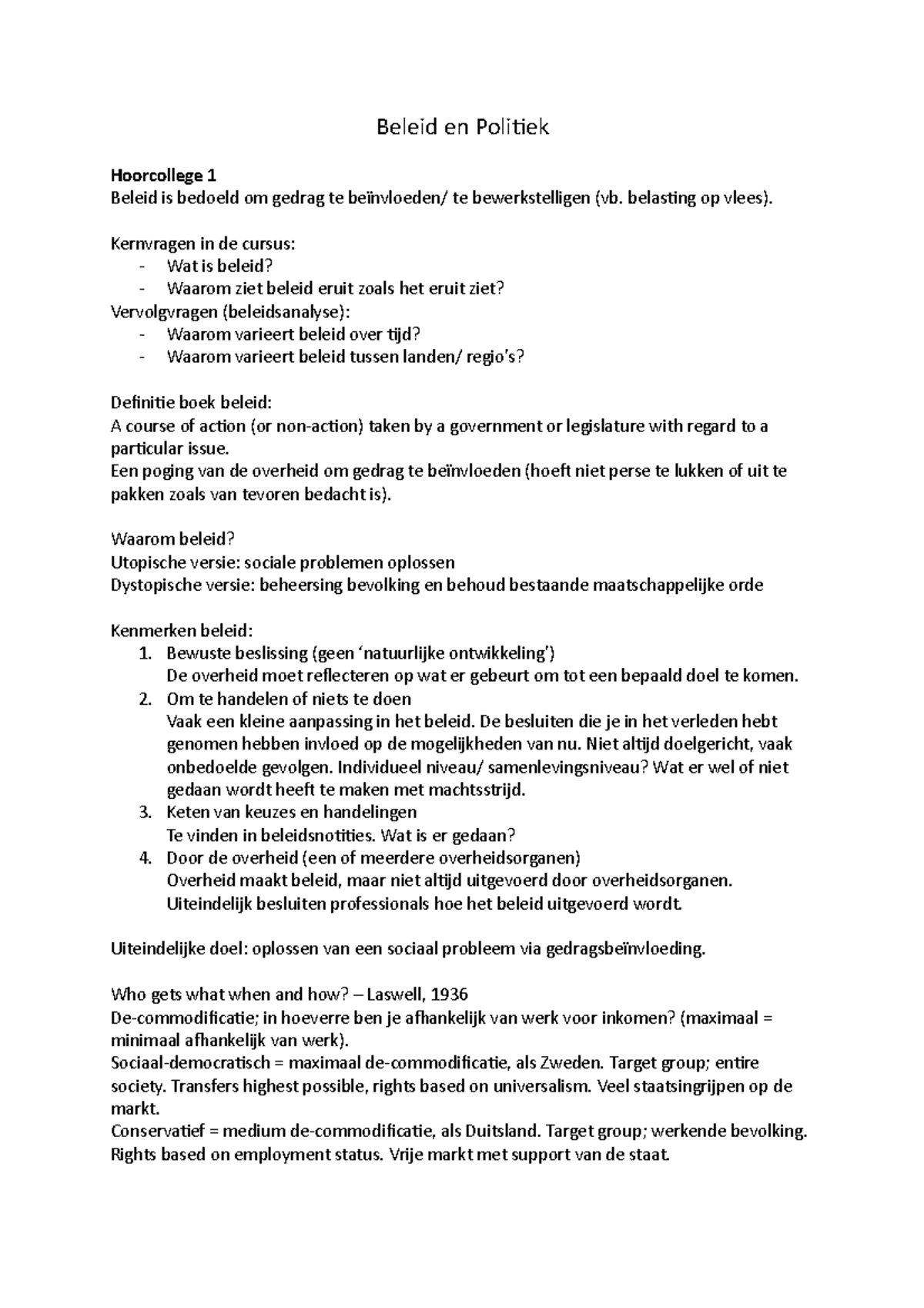 HC1 BP - Hoorcollege 1: Inleiding tot Beleid en Politiek - Studeersnel