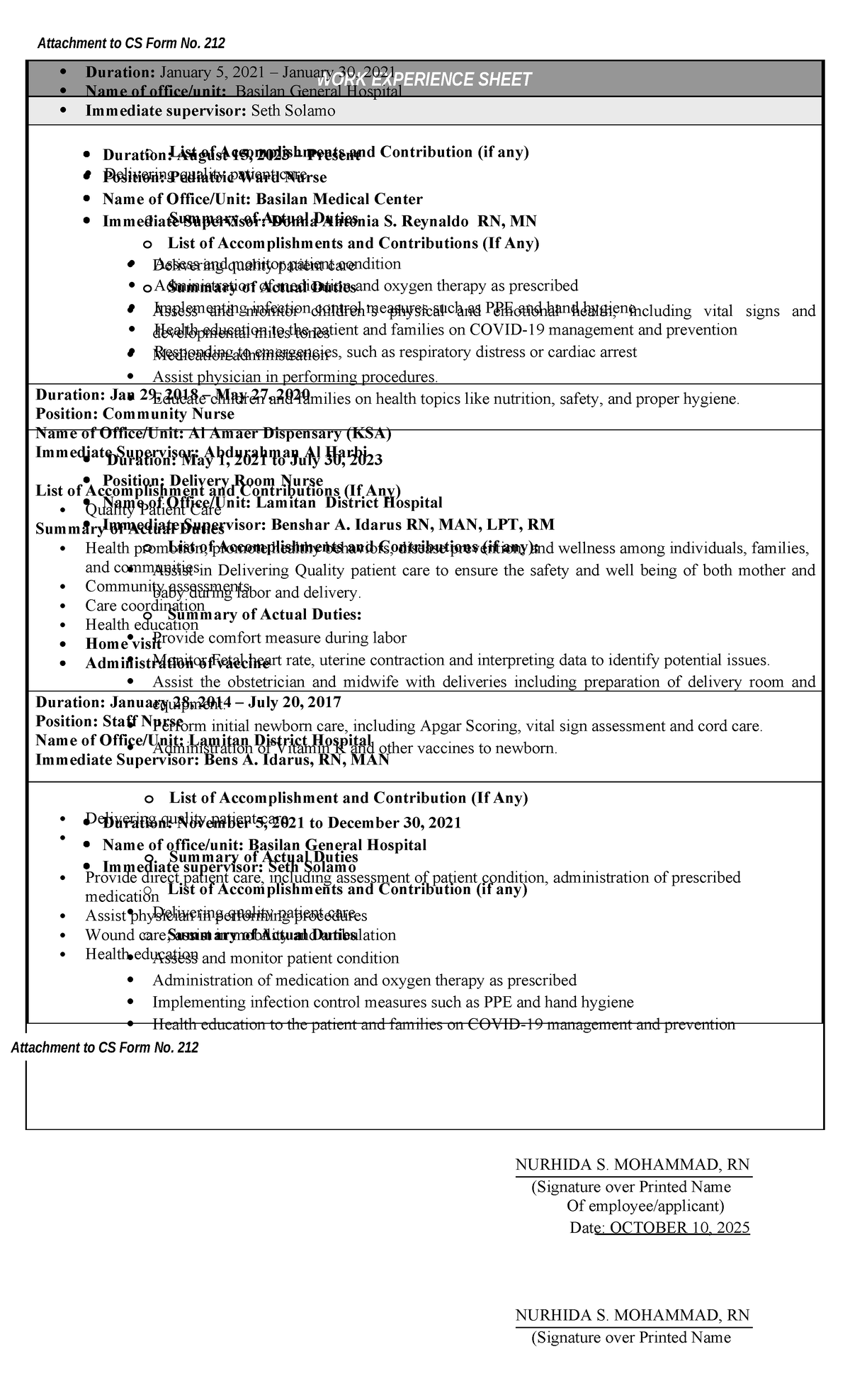 Work Experience Sheet for Nursing Positions (CS Form No. 212) - Studocu