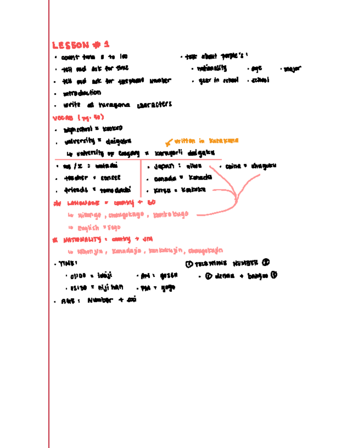 JP 101 - Lesson Notes on Numbers, Time, and Nationalities - Studocu