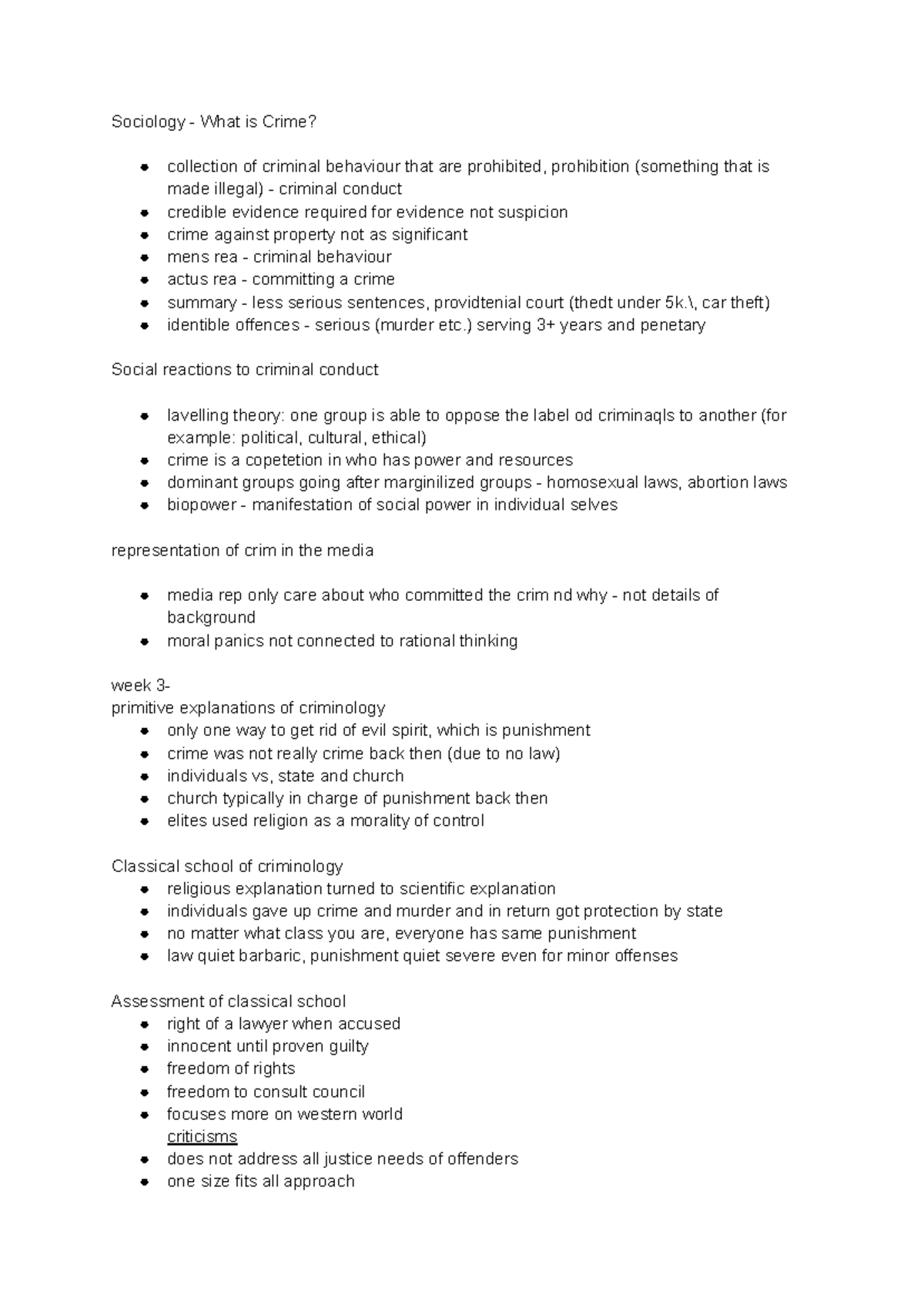 Sociology 101: Week 1 & 3 Notes on Crime and Criminal Behavior - Studocu