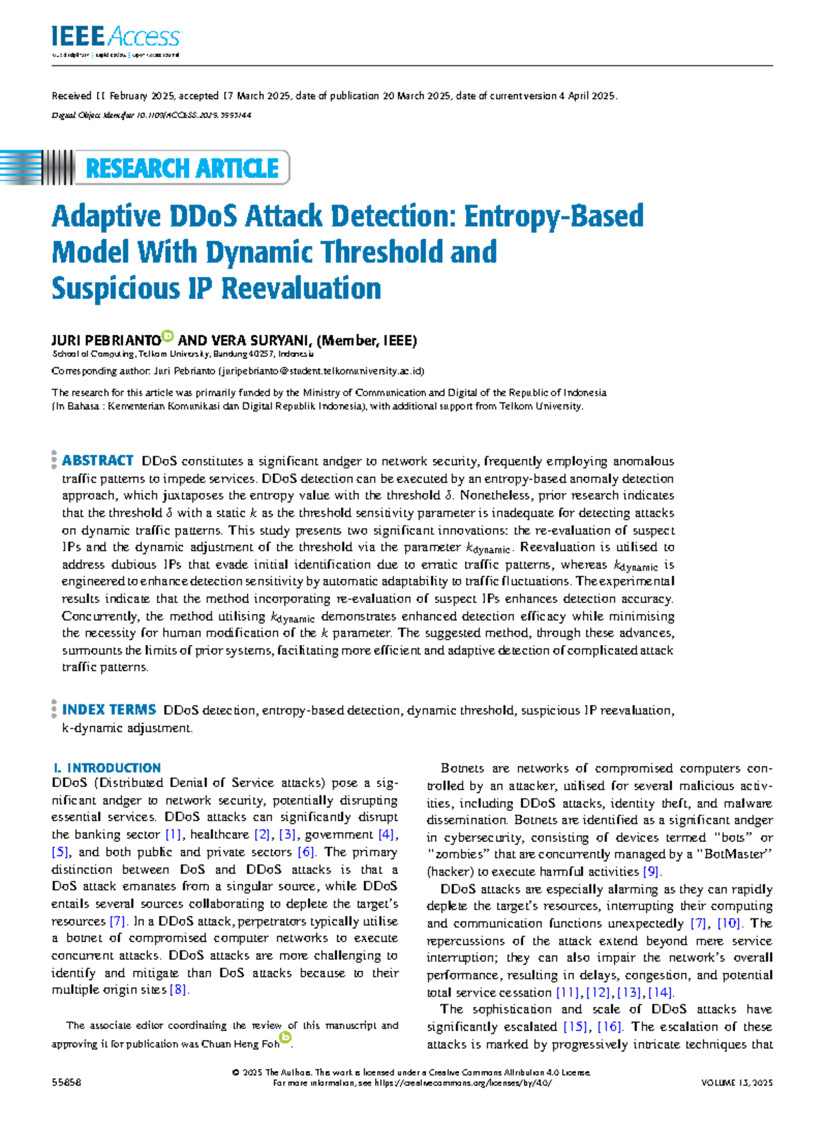 Adaptive DDoS Attack Detection: Entropy-Based Model with Dynamic ...