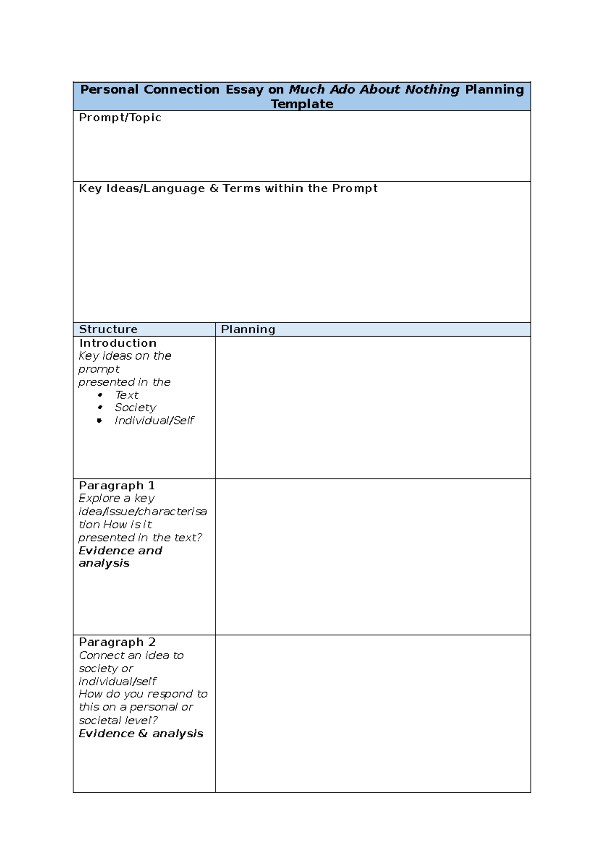 2025 Planning Template for Personal Connection Essay on Much Ado - Studocu