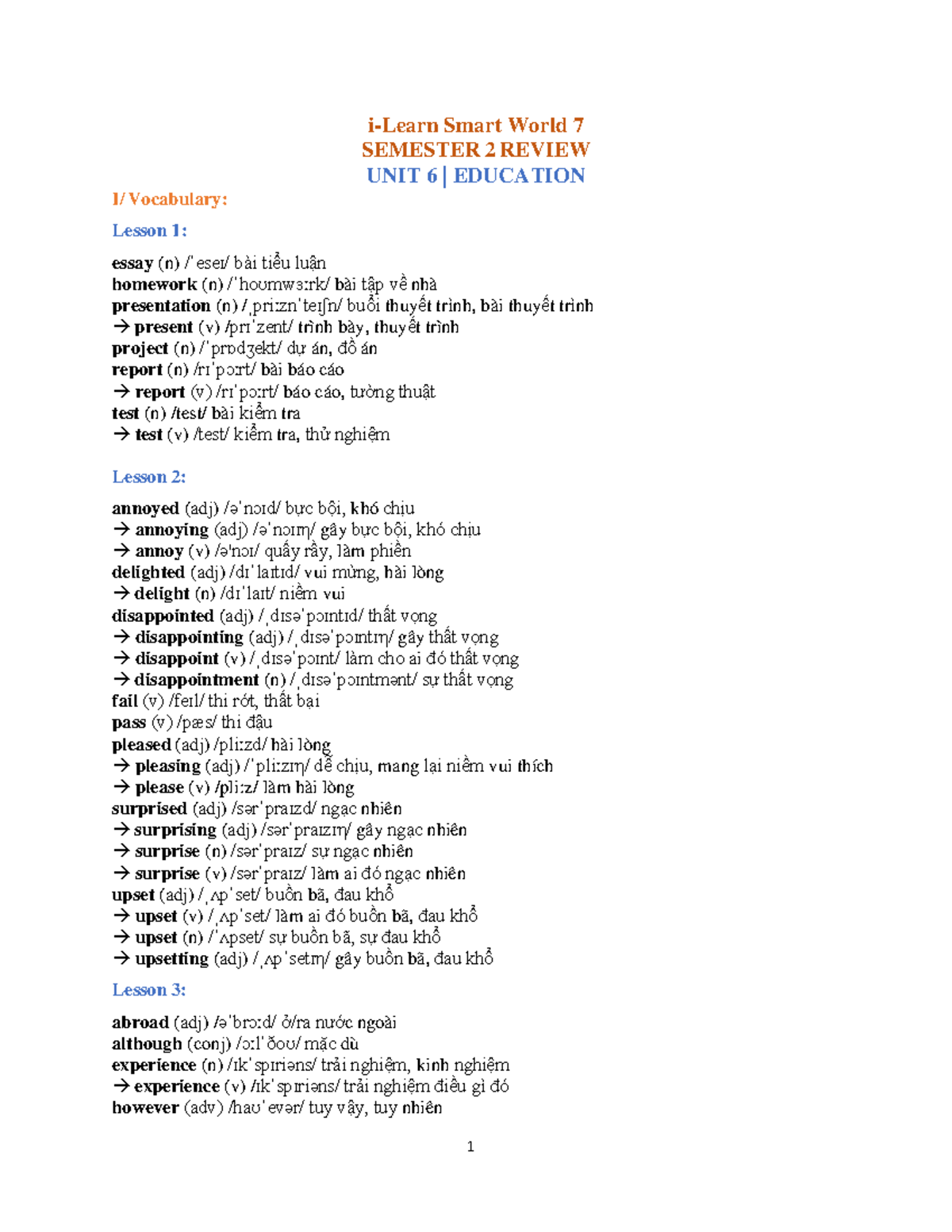 TA7 ISW - Semester 2 Review: Vocabulary and Grammar Insights - Studocu
